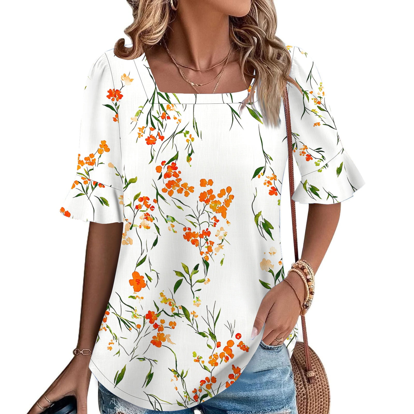 Blczomt Floral Womens Casual Tops Work Dressy Tunic Square Neck Formal ...