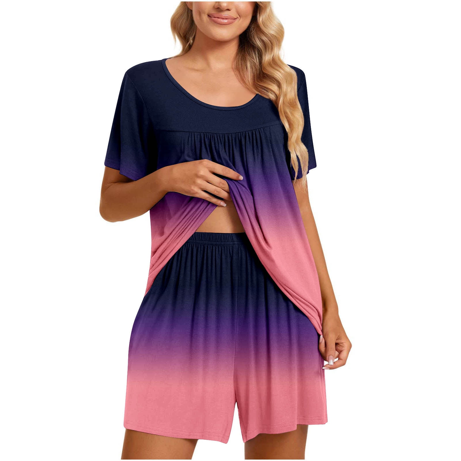 Blczomt Womens Christmas Pajamas Pink Gradient Color Silk Two-Piece Set ...