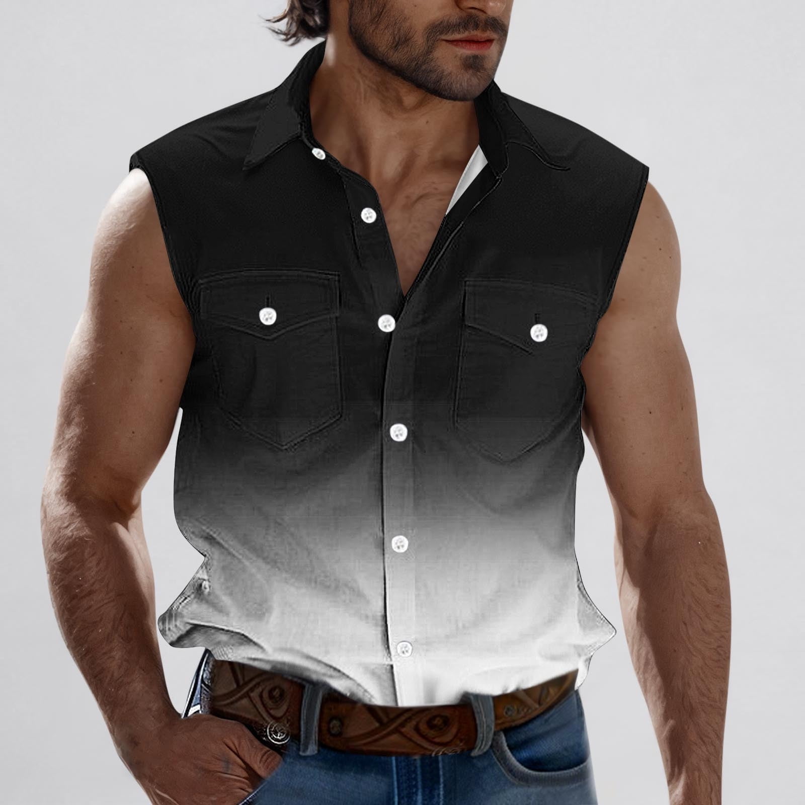 Blczomt Gradient Tops for Men Casual Button Down Tank Top Collared with ...