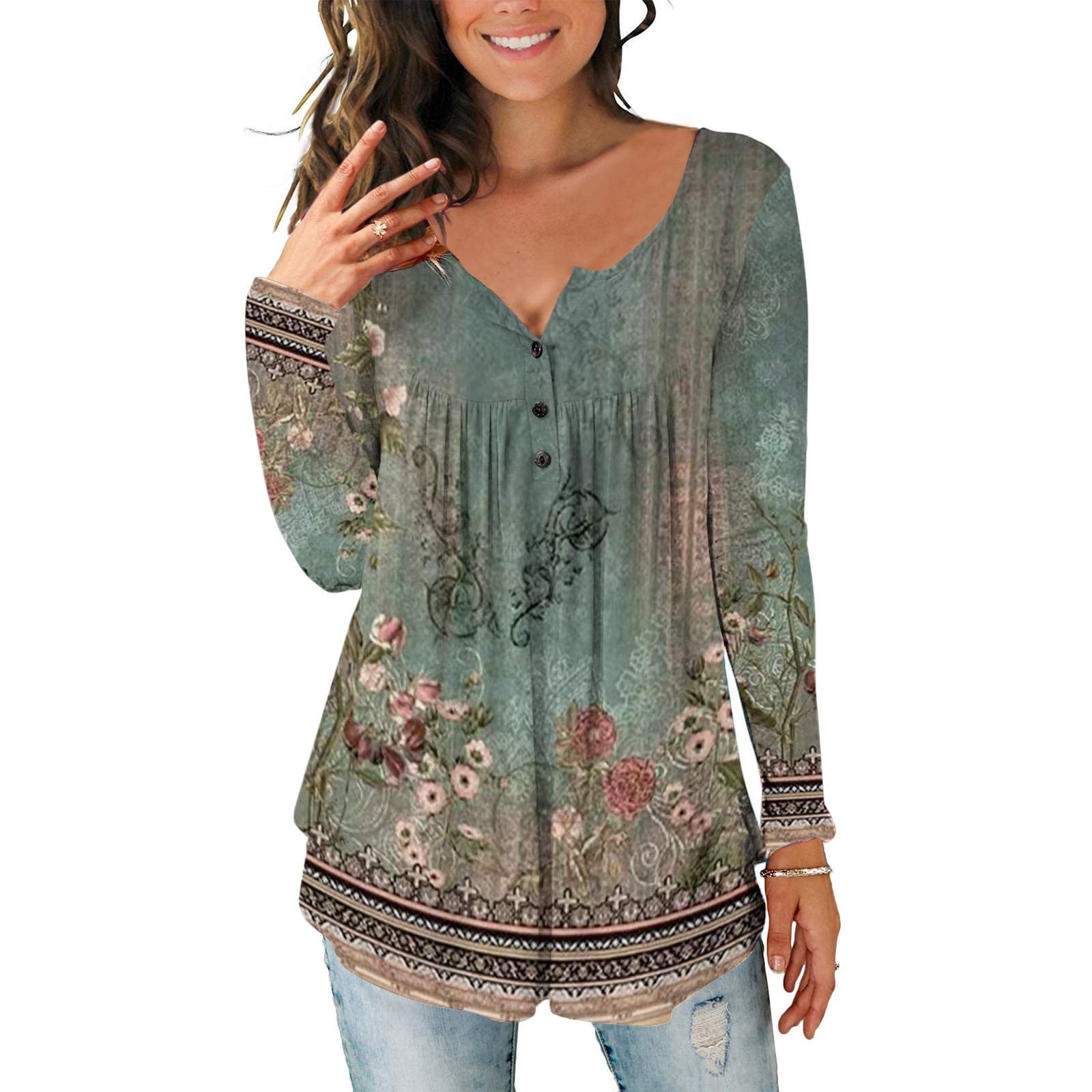 Blczomt Green Tops Women Long Sleeve Floral Tunic Shirt Loose V Neck ...