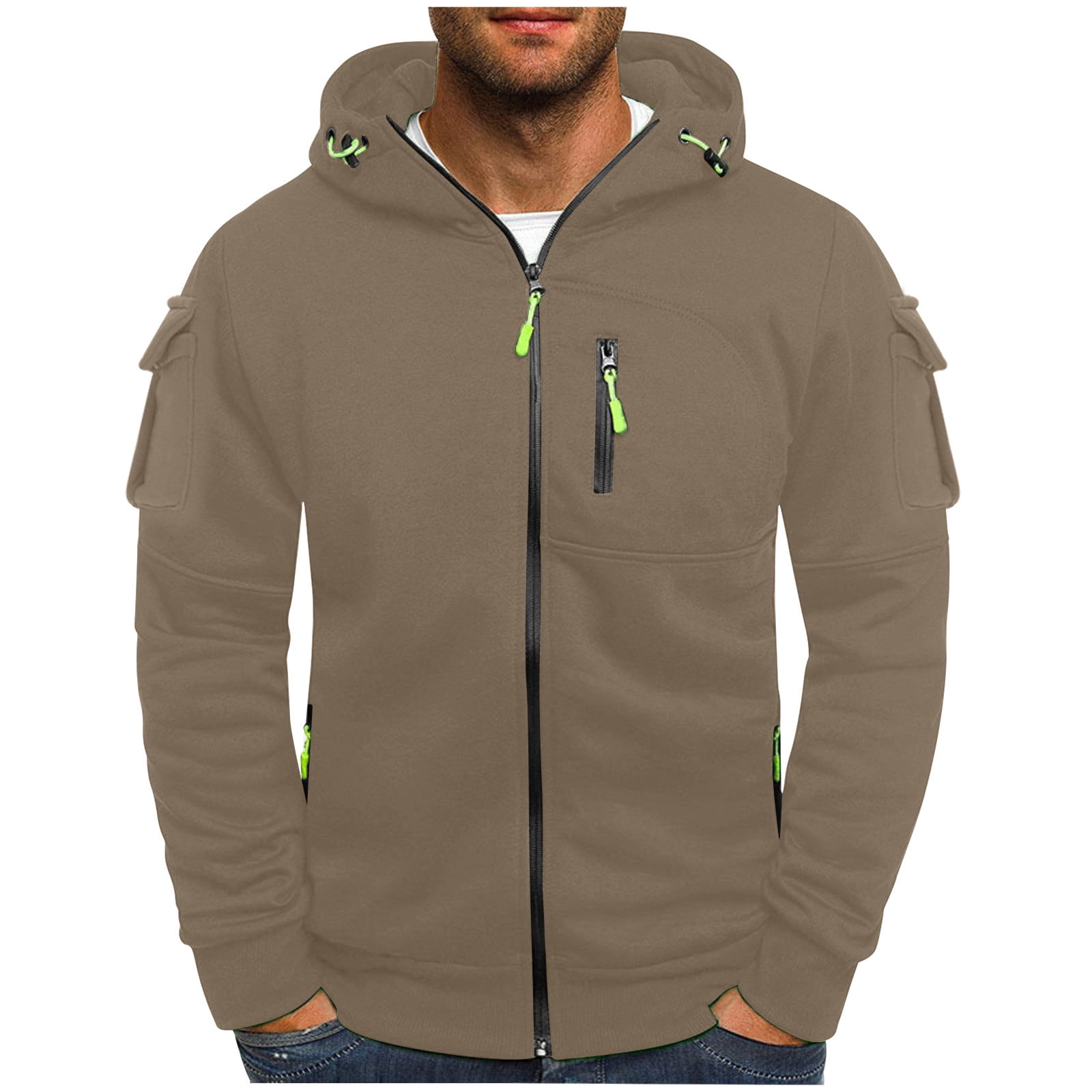 Blczomt Hoodie Men Zip Up Plain Jacket Casual Fall Winter Pockets Brown ...
