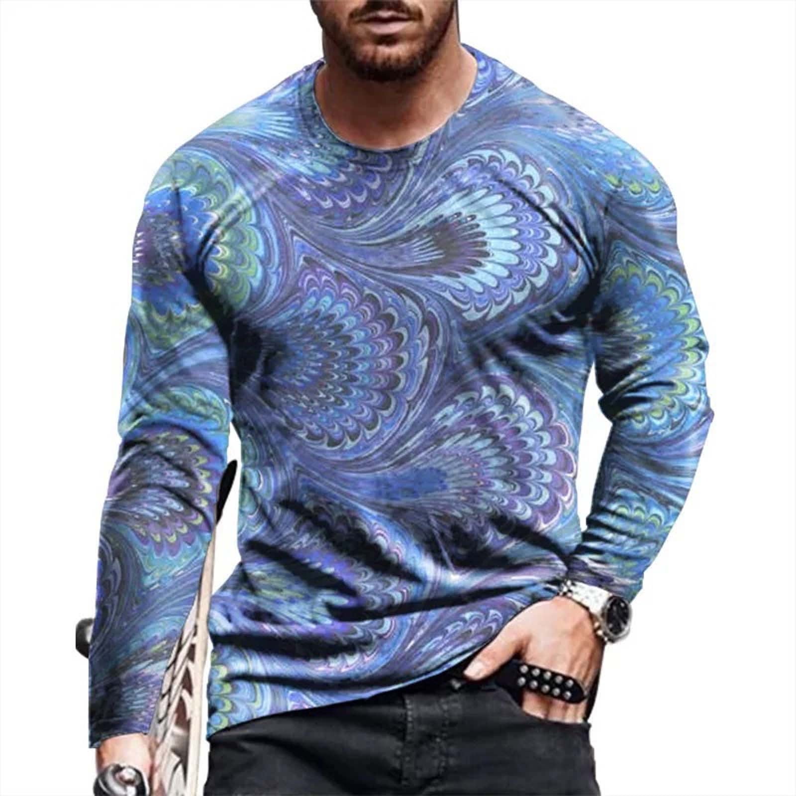 Blczomt Long Sleeve Compression Shirts for Men Blue Tie Dye Crew Neck T ...