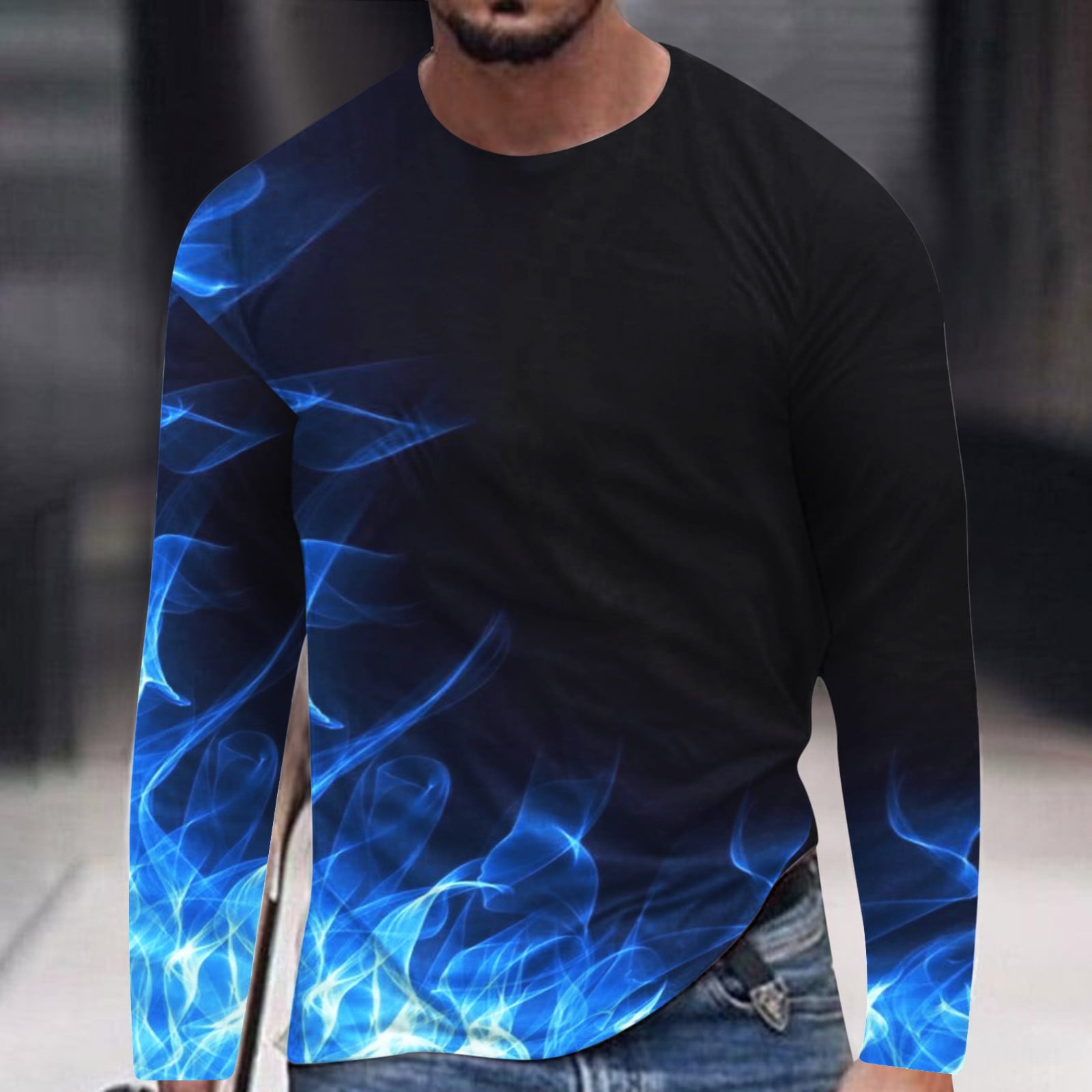 Blczomt Long Sleeve Mens Shirts Trendy Casual Blue Flame Crew Neck ...