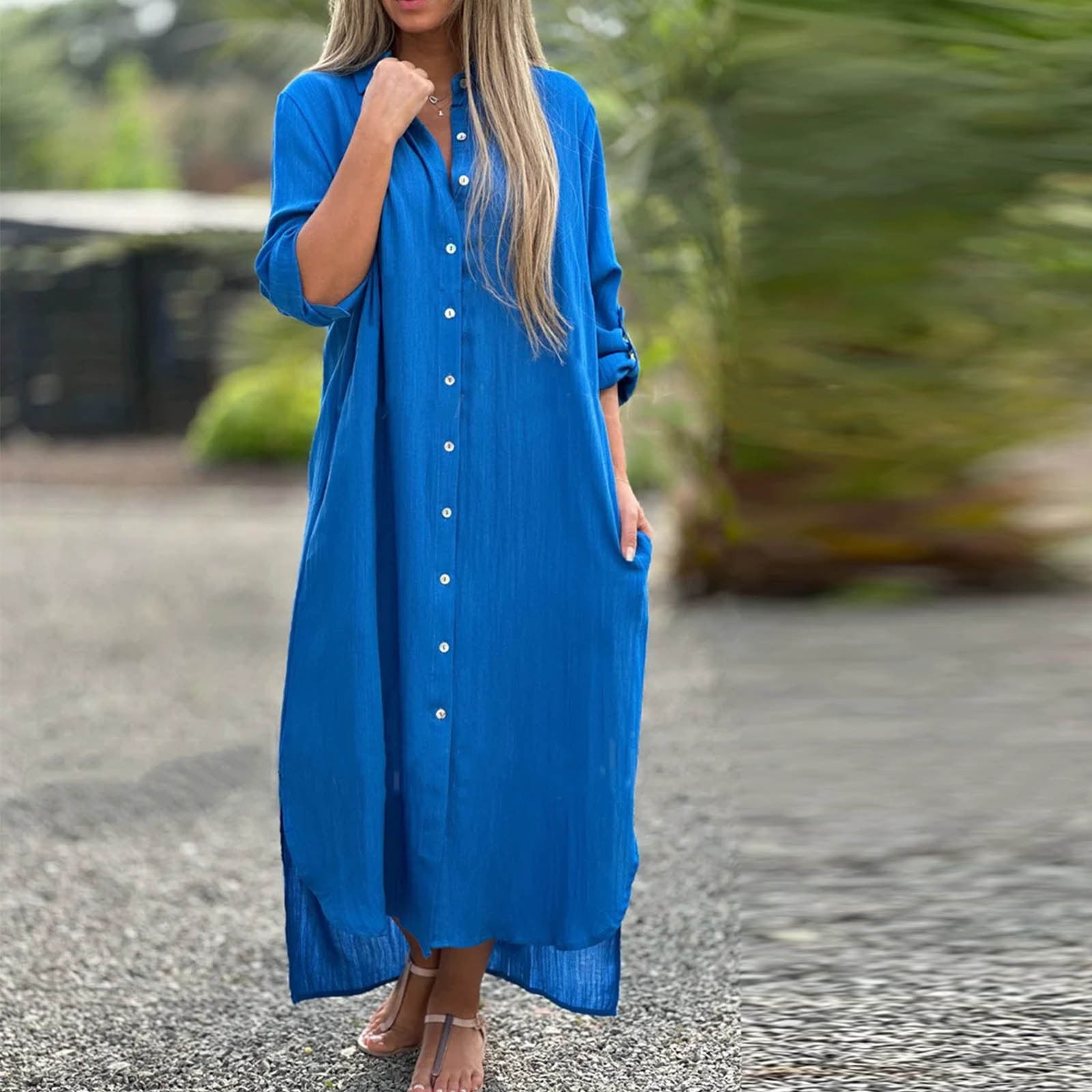 Blczomt Long Sleeve Womens Dress Casual Blue Plus Size Dress Cotton ...
