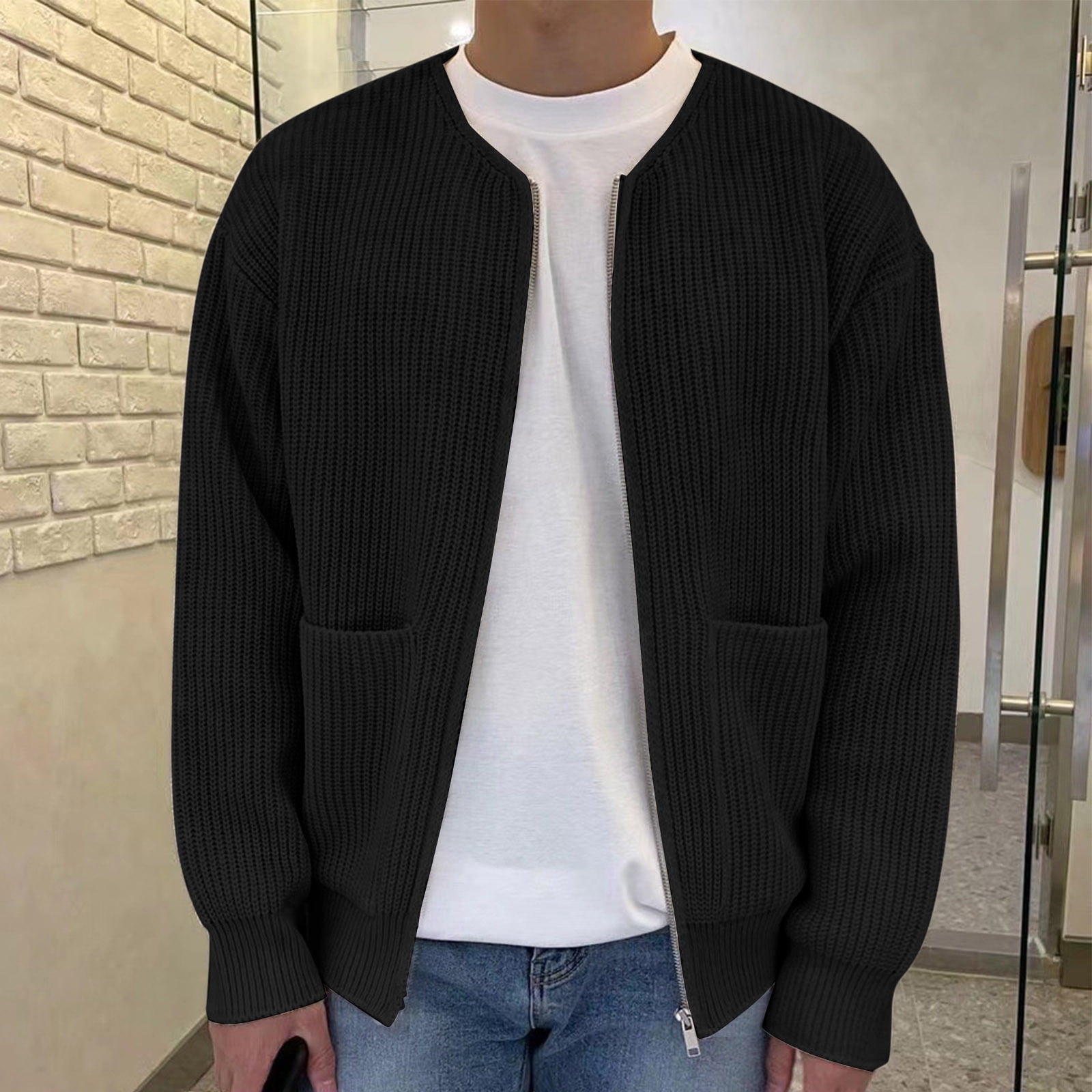 Blczomt Men's Jackets for Fall Knitted Black Full Zip Jacket Ribbed ...