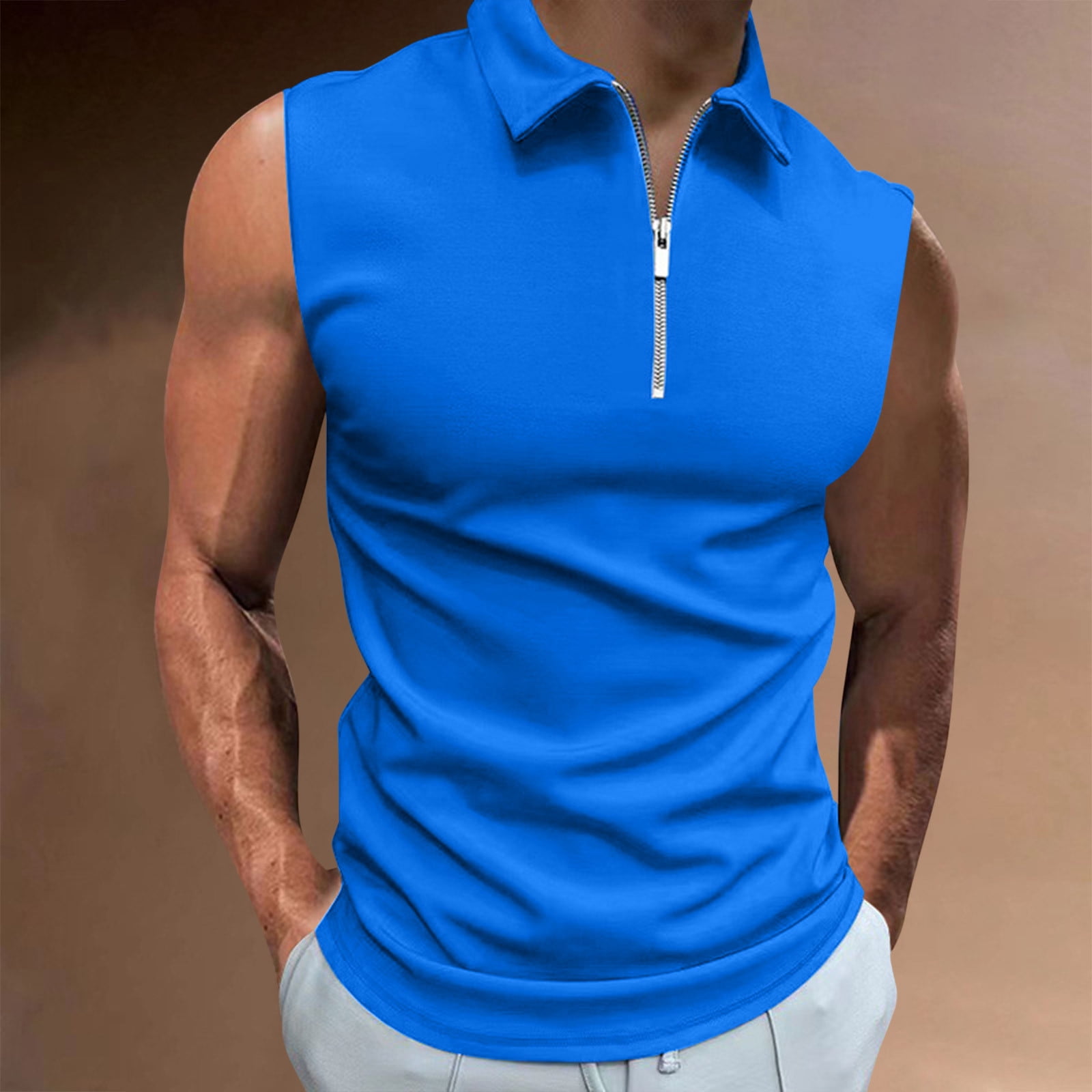 Blczomt Men's Sleeveless Shirts Summer Plain Tanks Lapel Blue Zipper ...