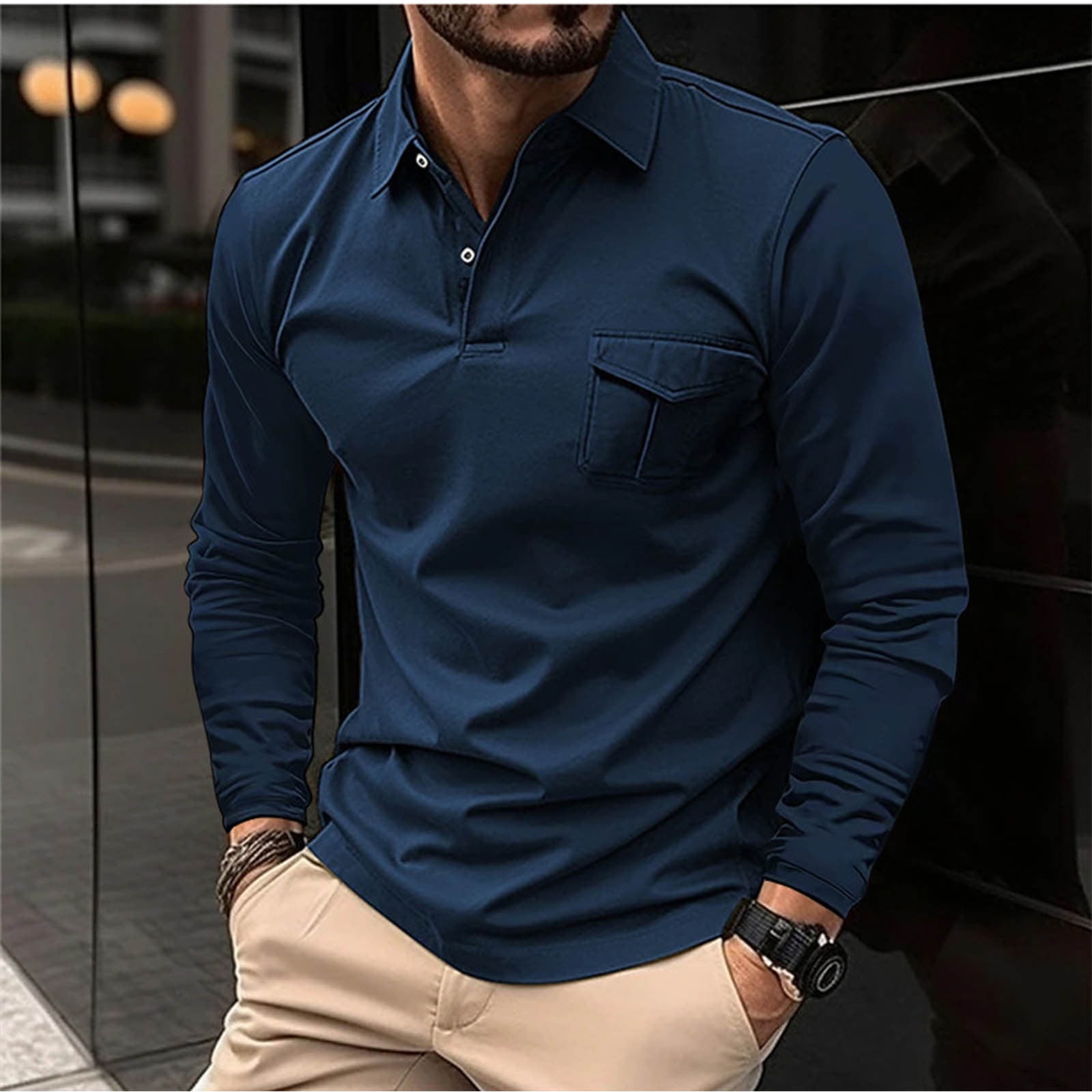 Blczomt Mens Polos Blue Long Sleeve Collared Polo Button Pocket Casual ...