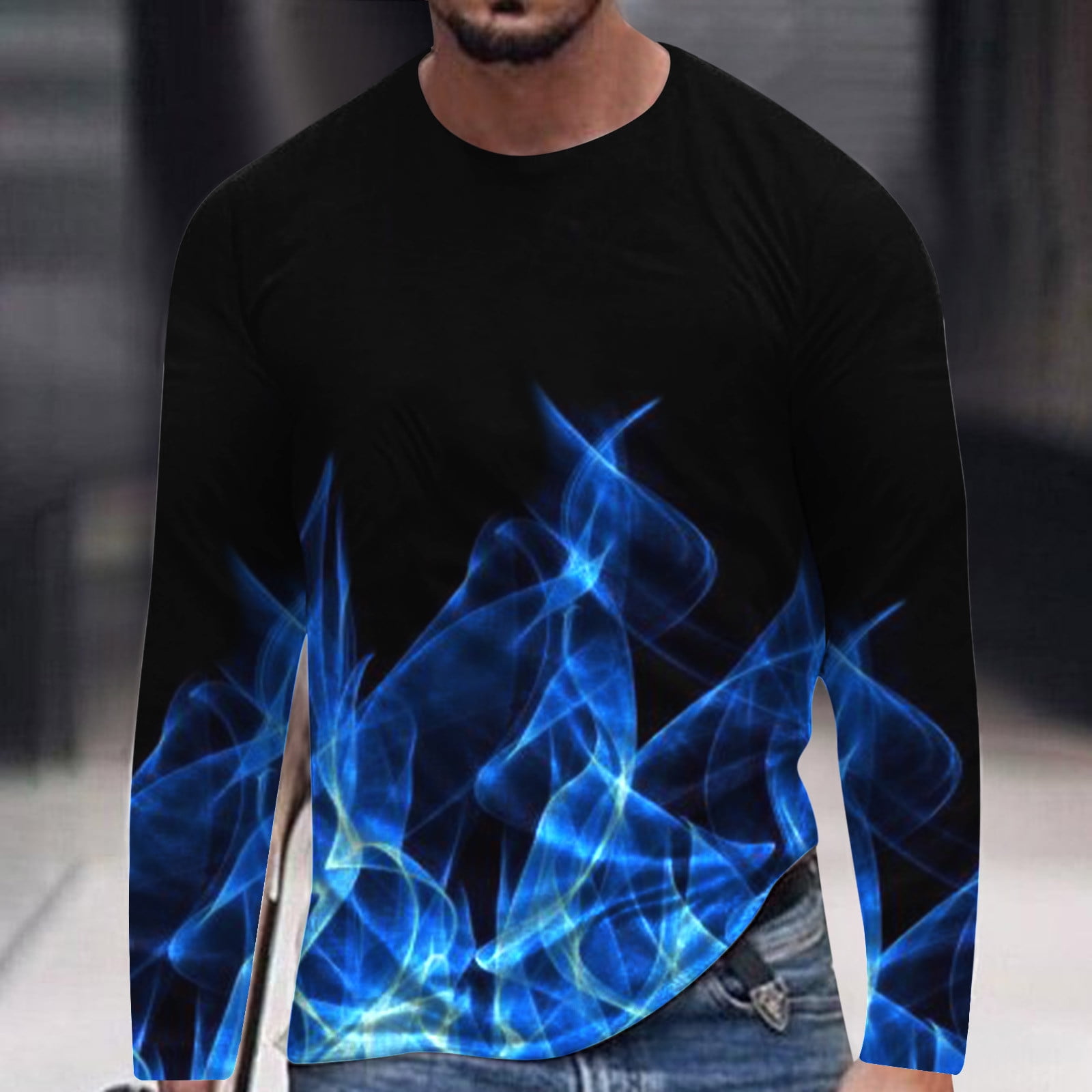 Blczomt Mens Shirts Blue Long Sleeve Flame Crew Neck Graphic T Shirt ...