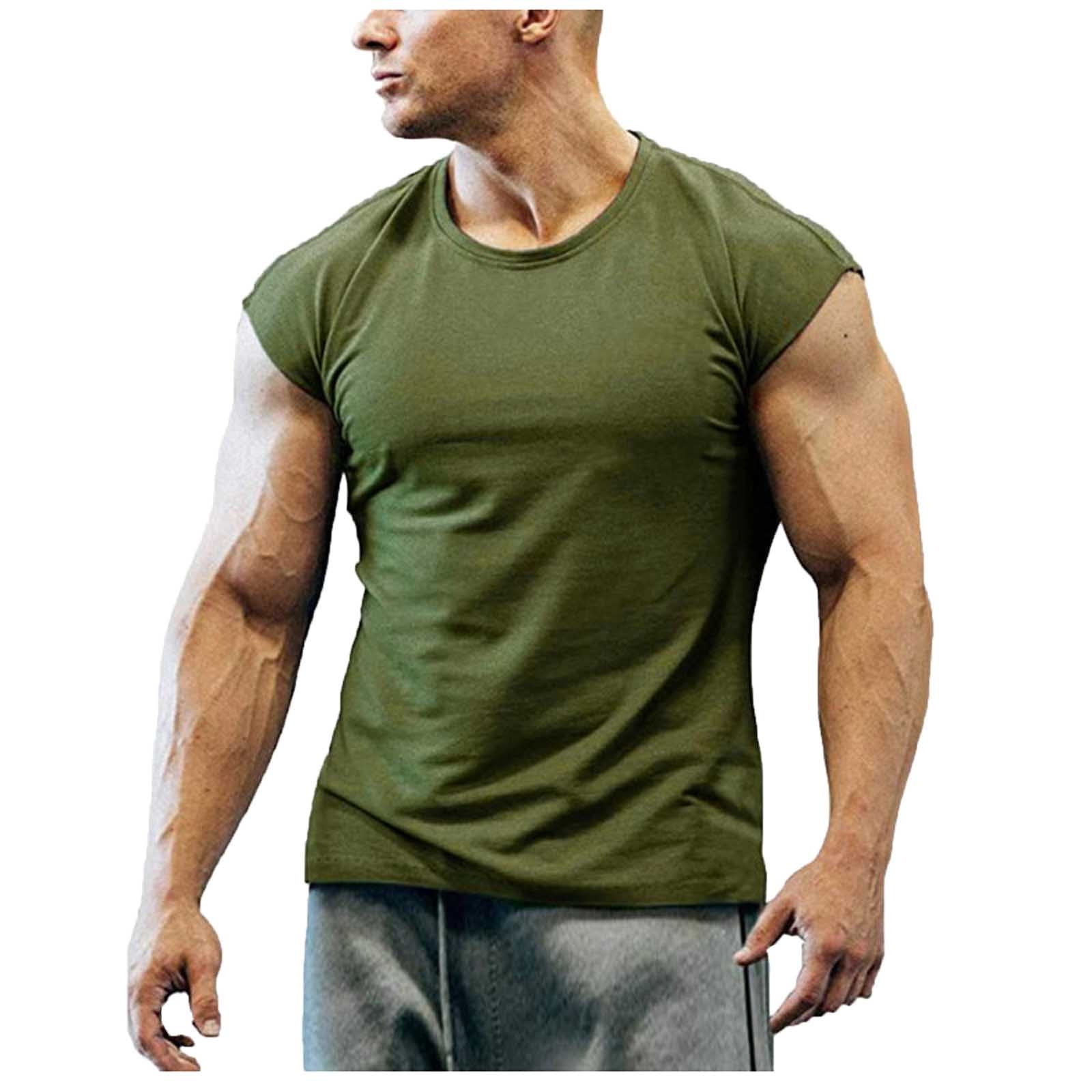 Blczomt Mens T-Shirts Trendy Casual Sleeveless Green Solid Muscle Crew ...