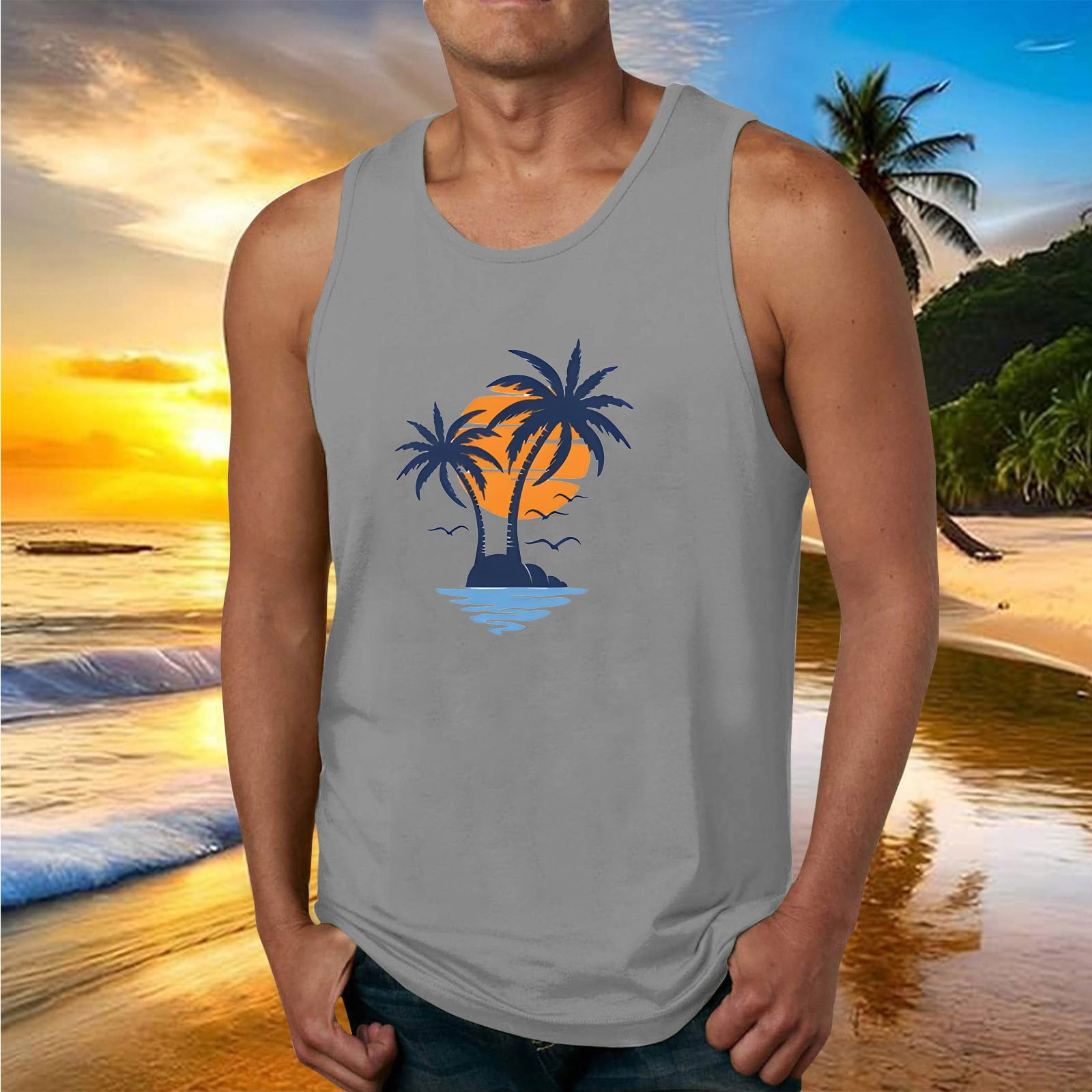 Blczomt Mens Tank Tops Summer Summer Hawaiian Sleeveless Shirts Palm ...
