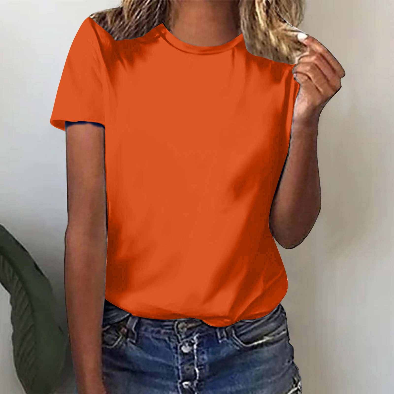 Blczomt Orange Tops Womens Soft Short Sleeve Summer Tee Crew Neck Basic Solid Color Womens ...