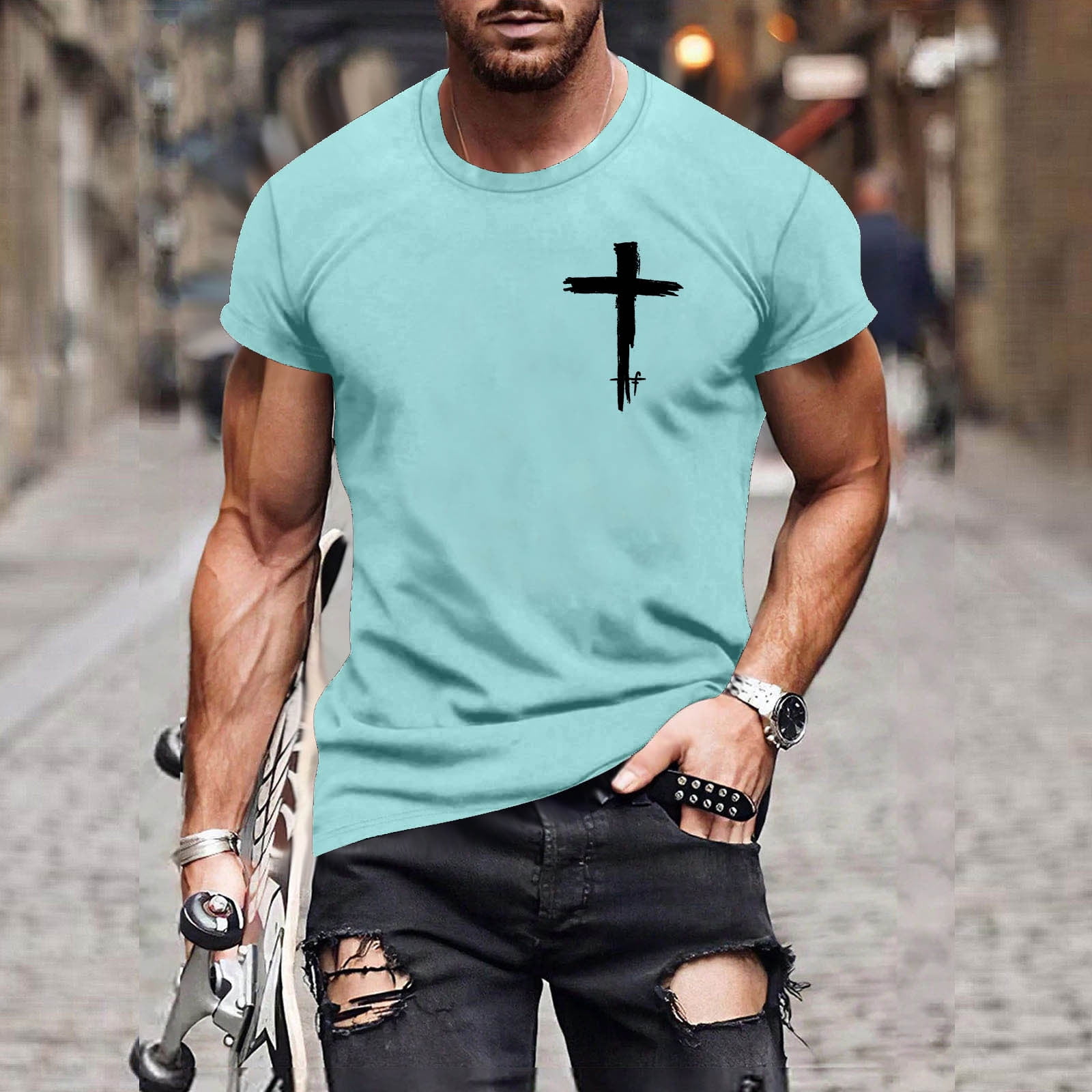 Blczomt Oversized Shirt Men Blue Crewneck Casual Tee Shirt Lightweight ...