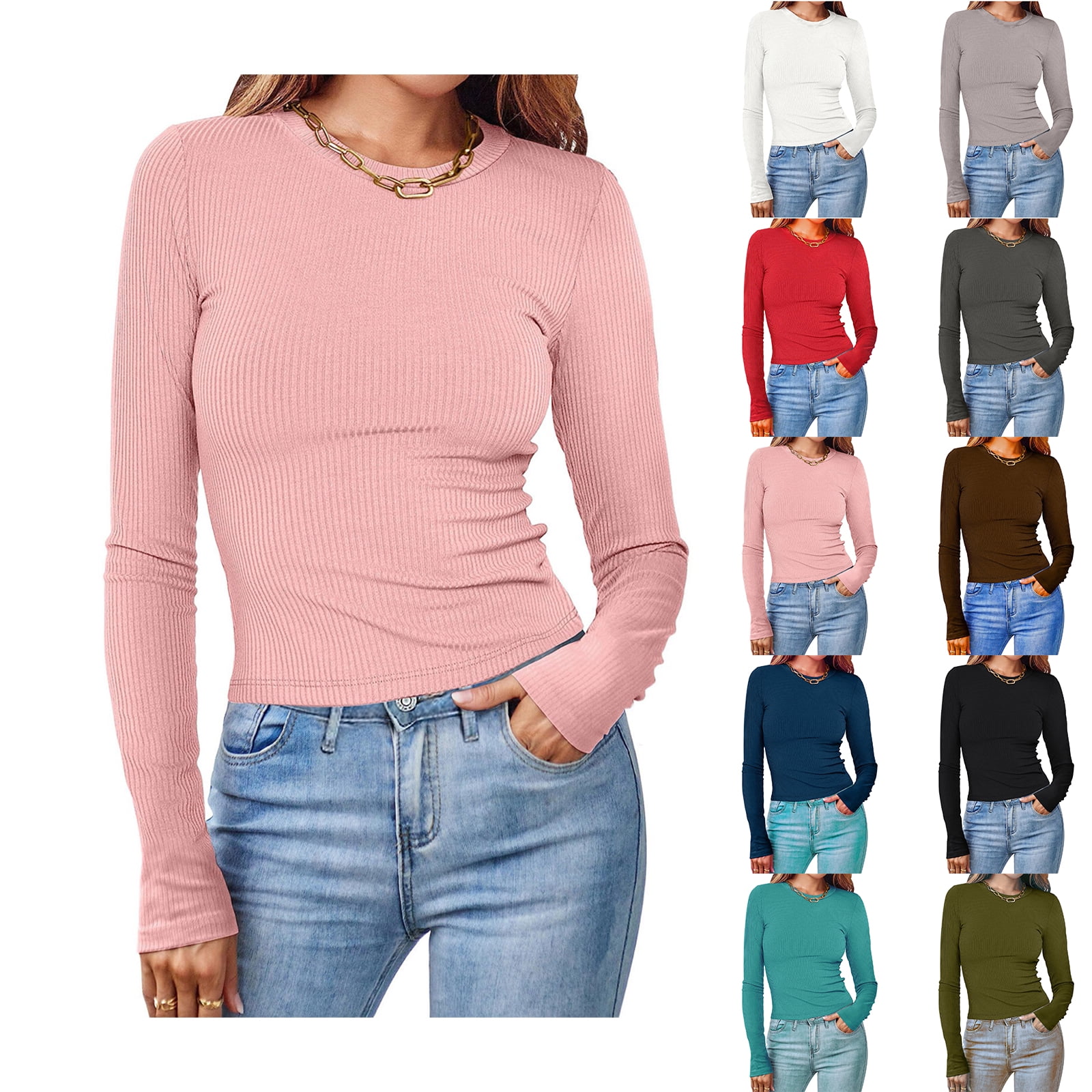 Blczomt Pink Tops Women Slim Fit Plain Long Sleeve Blouse Dressy Casual ...
