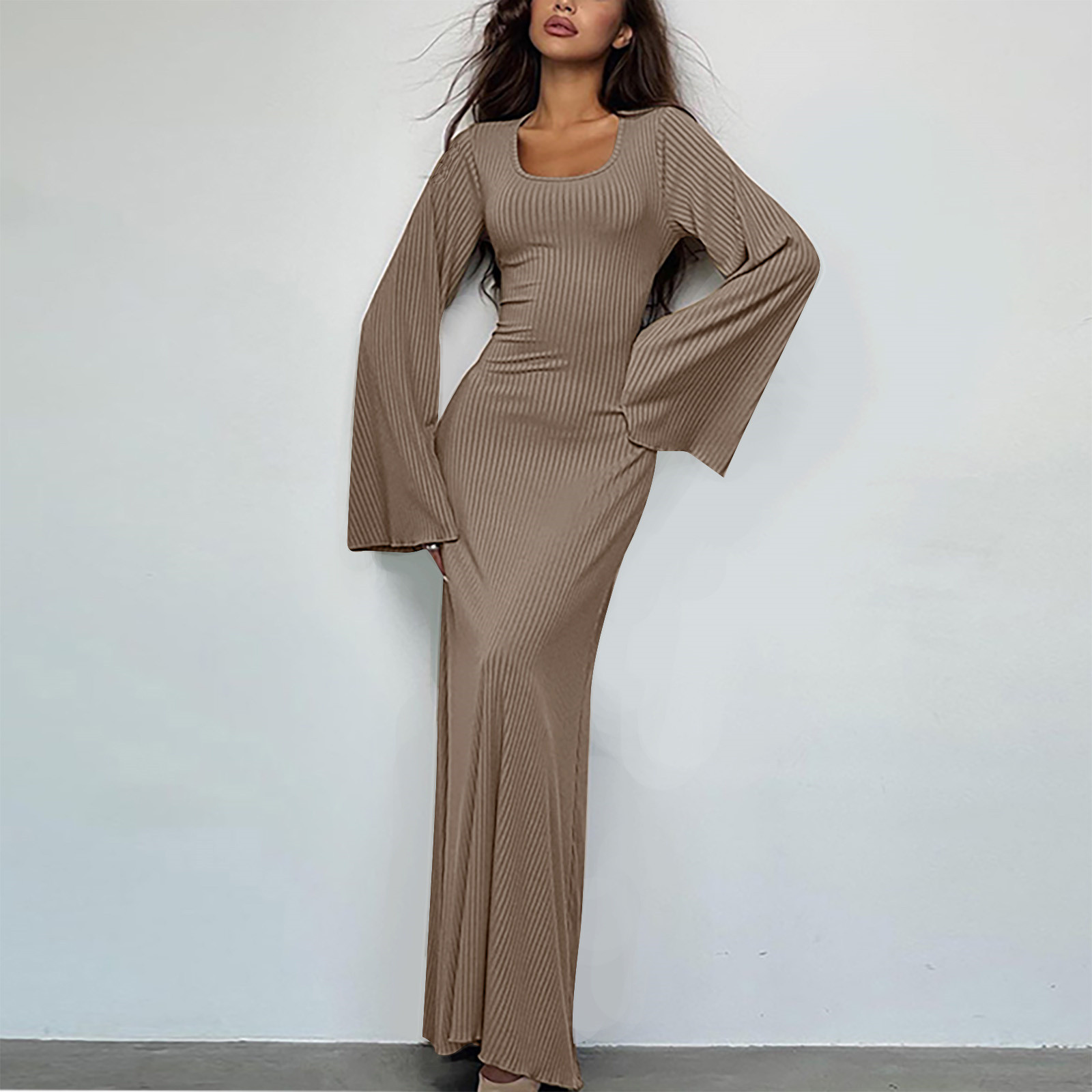Blczomt Plain Dress Women Puff Sleeve Maxi Yellow Party Bodycon ...
