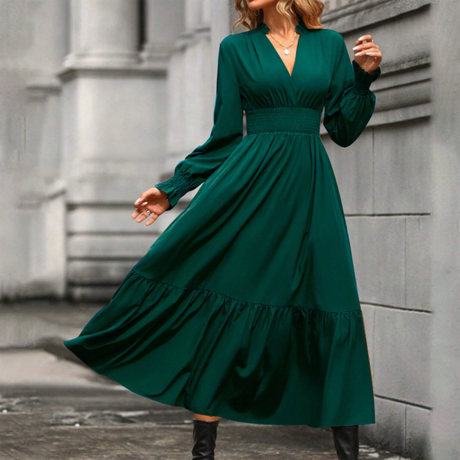 Blczomt Plain Dresses for Women 2025 Green Long Sleeve Wrap Flowy A ...