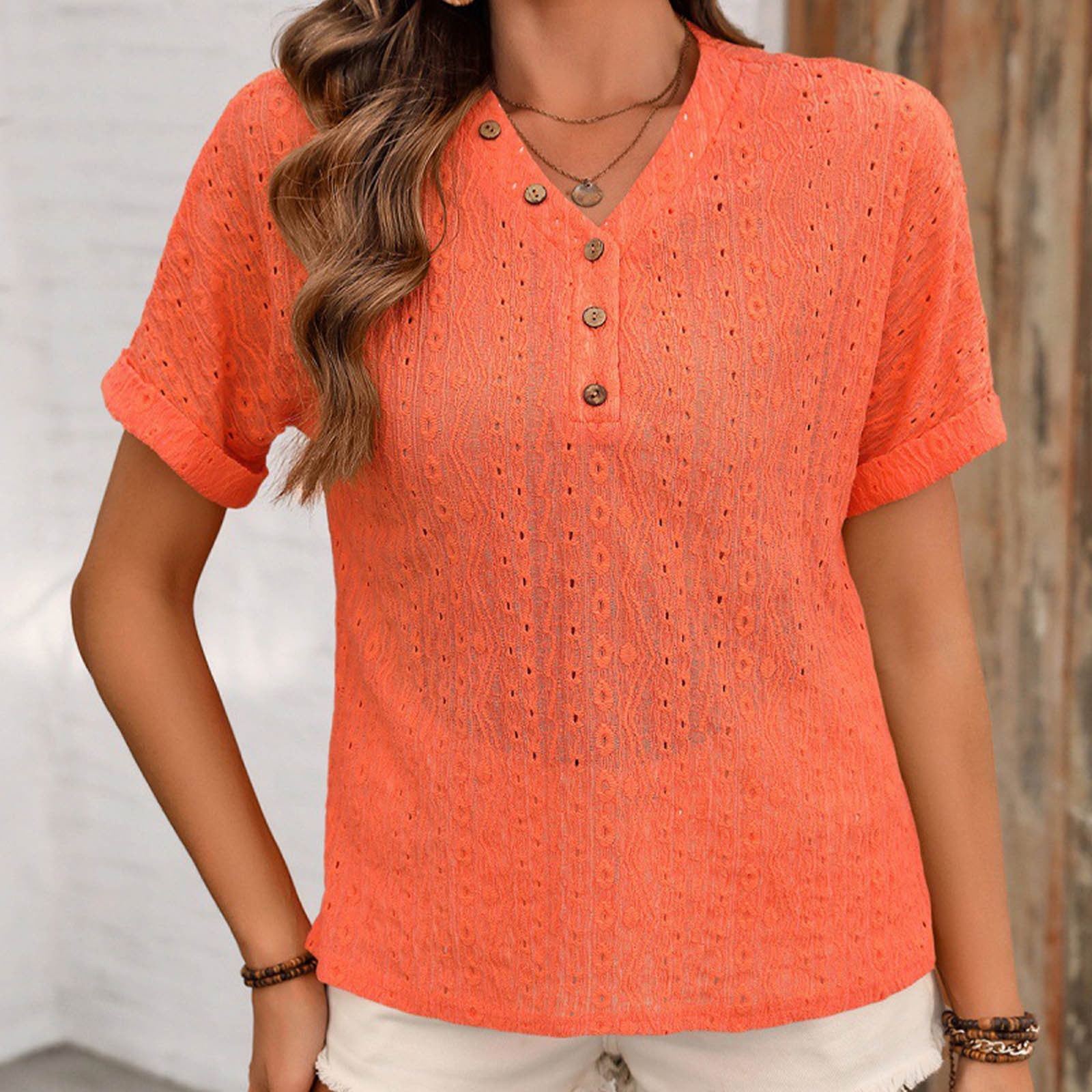 Blczomt Plain Womens Short Sleeve Tops Work Dressy Casual Shirts Formal Button 2025 Orange ...