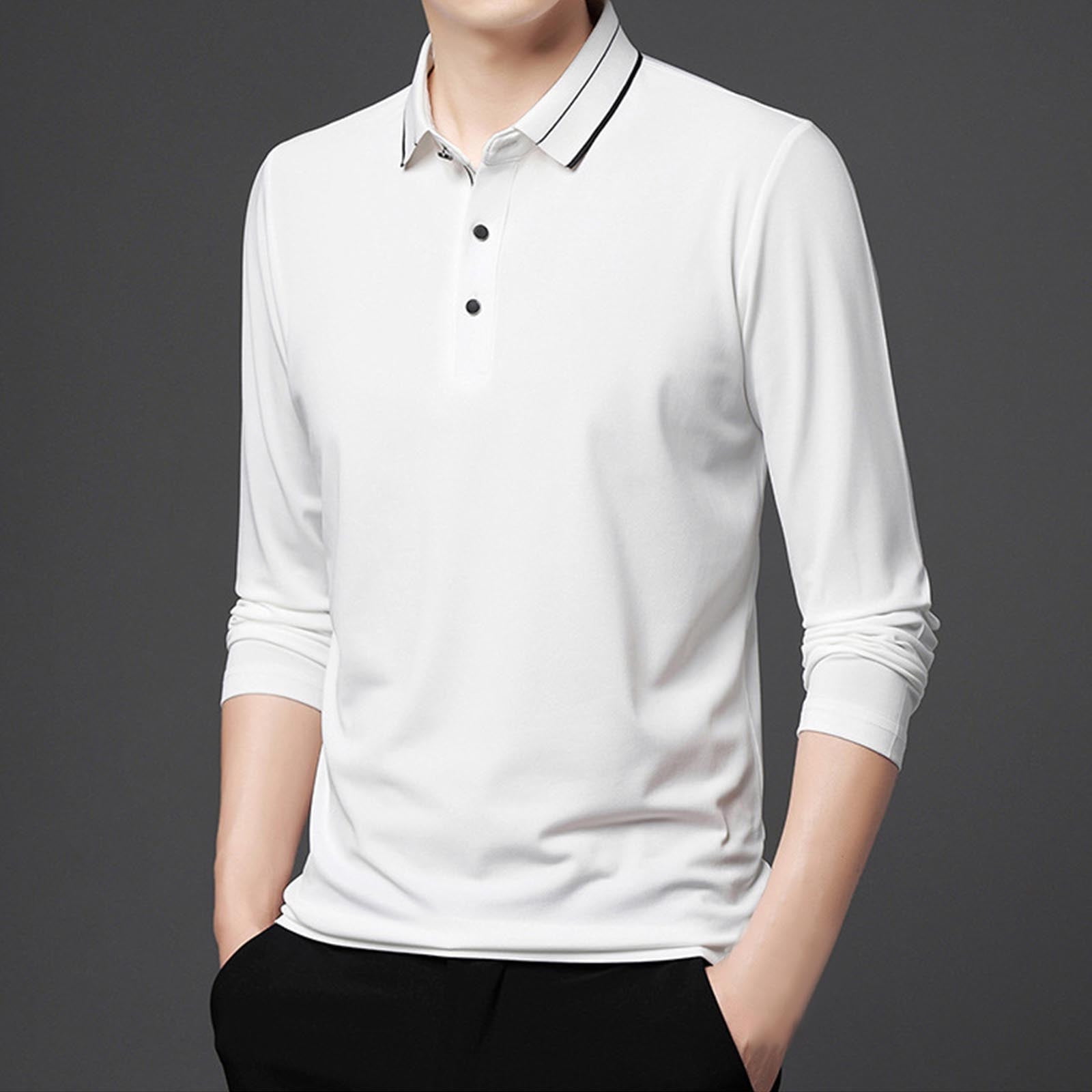 Blczomt Polo Mens Polos Big and Tall Long Sleeve White Plain Dress Shirt Formal Button Collared ...