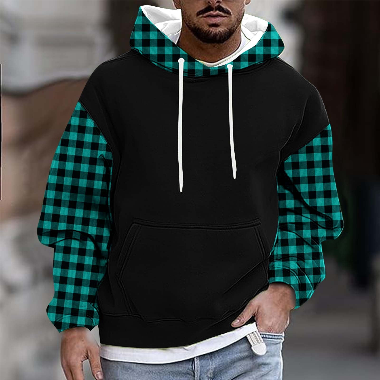 Blczomt Pullover Sweatshirts Men Color Block Hoodies Plaid Casual ...