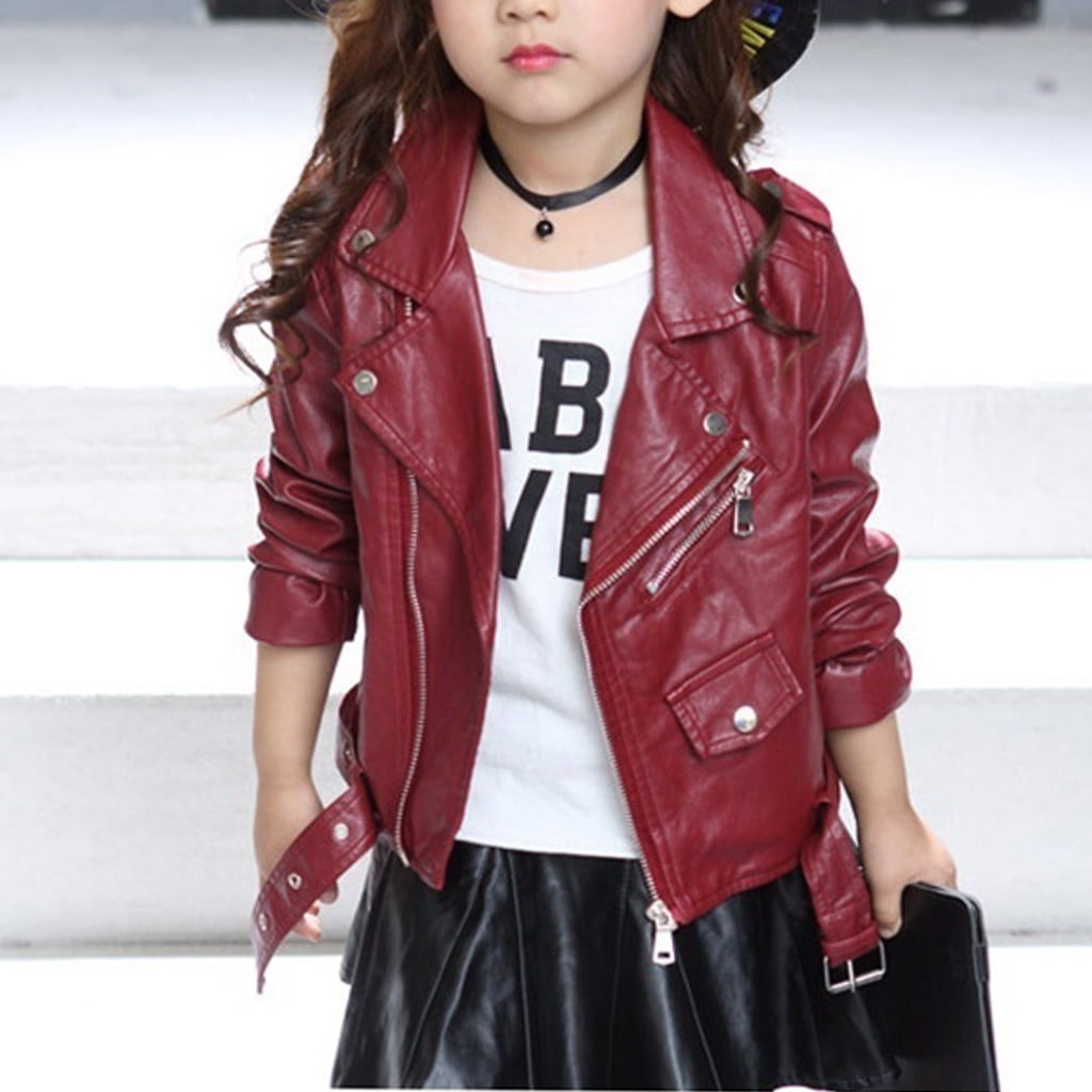 Blczomt Red Girls Jacket Collar Cute Leather Jacket Short Zipper with ...