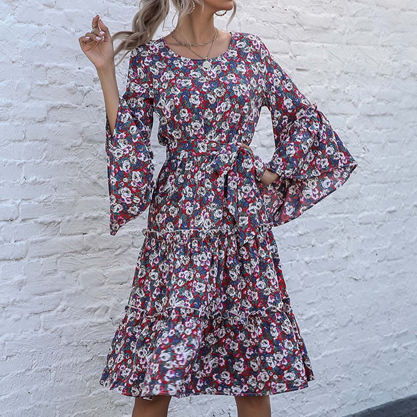 Blczomt Red Winter Dresses for Women Long Puff Sleeve Floral Flowy Midi ...