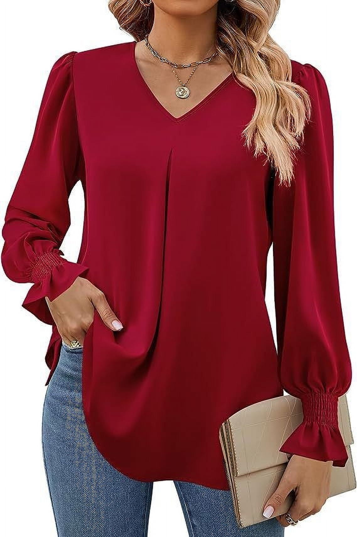 Blczomt Red Womens Tops Under $5 Plain Business Casual Puff Sleeve ...