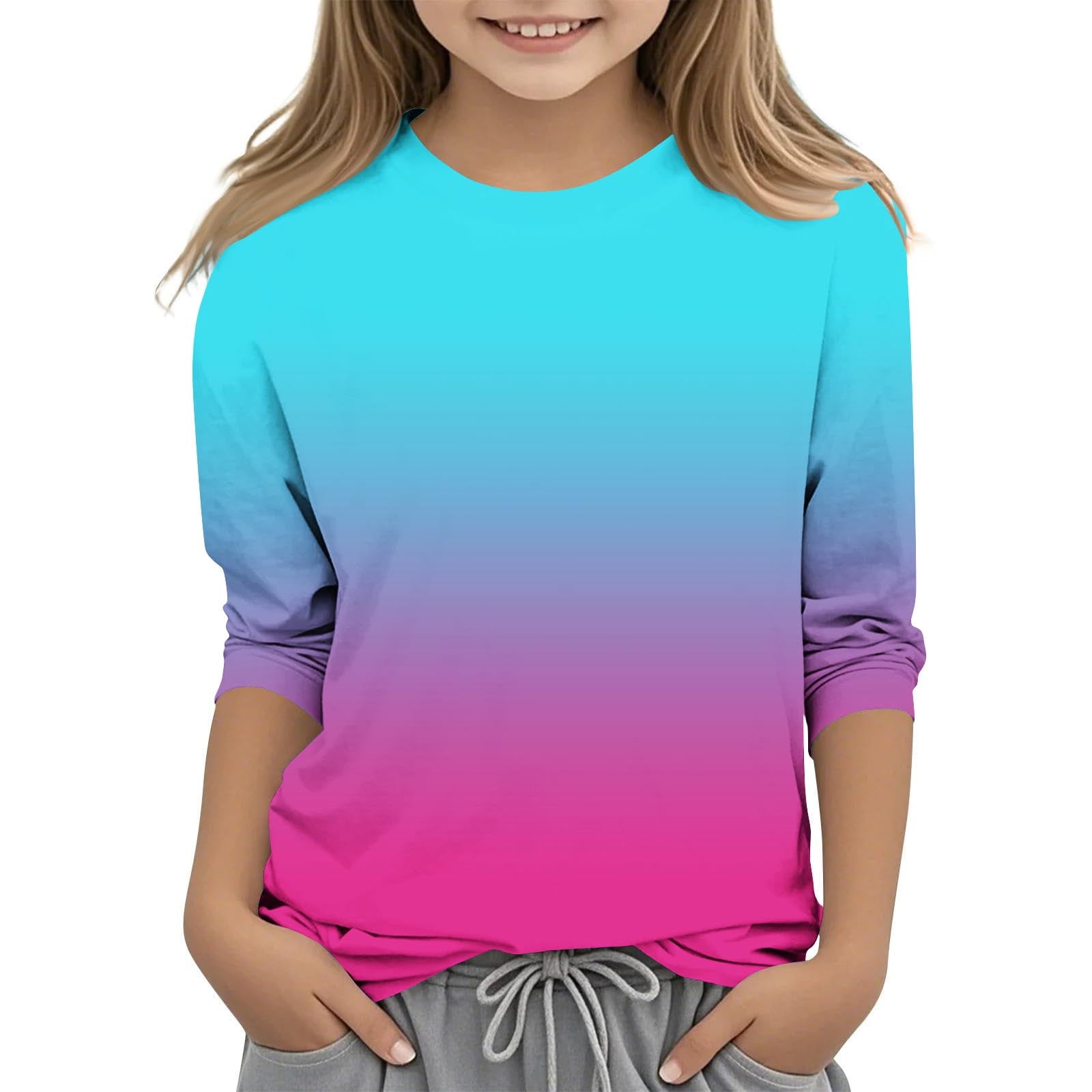 Blczomt Shirt for Girls Casual 3/4 Sleeve Cute T-Shirt Blue Crewneck ...