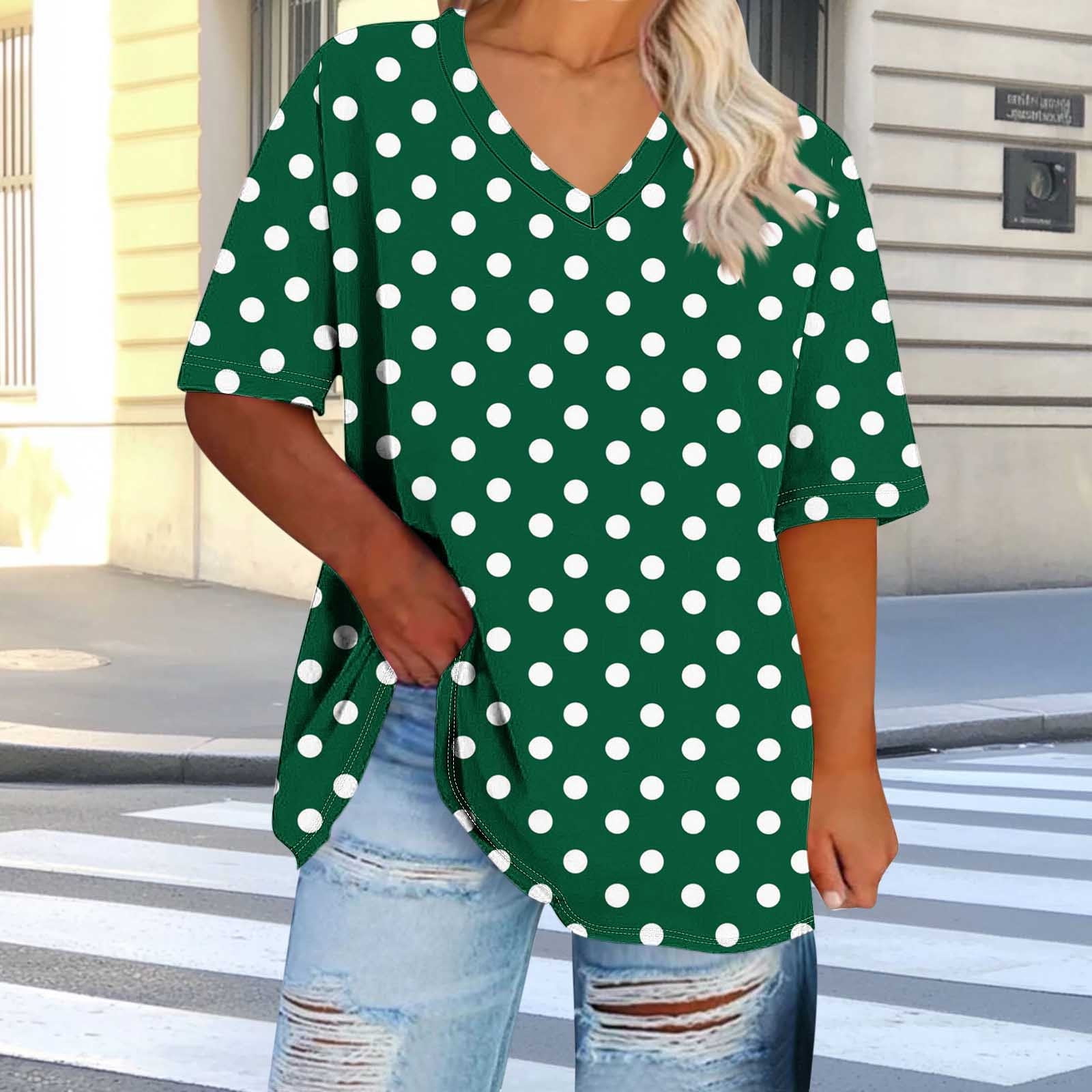 Blczomt Short Sleeve Tops For Women Plus Size Loose Fit Tee Green V