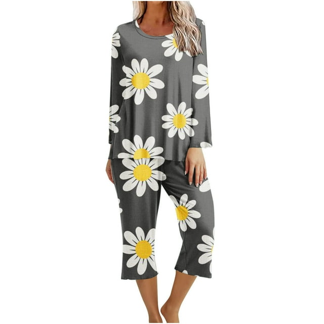 Blczomt Silk Pajamas for Women Yellow Silk Two-Piece Set Floral ...