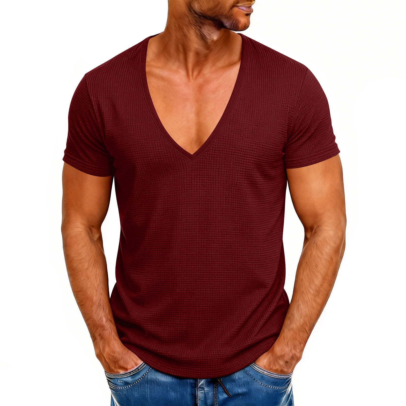 Blczomt Summer Men T Shirts V Neck Red Waffle Short Sleeve Tees Plain ...