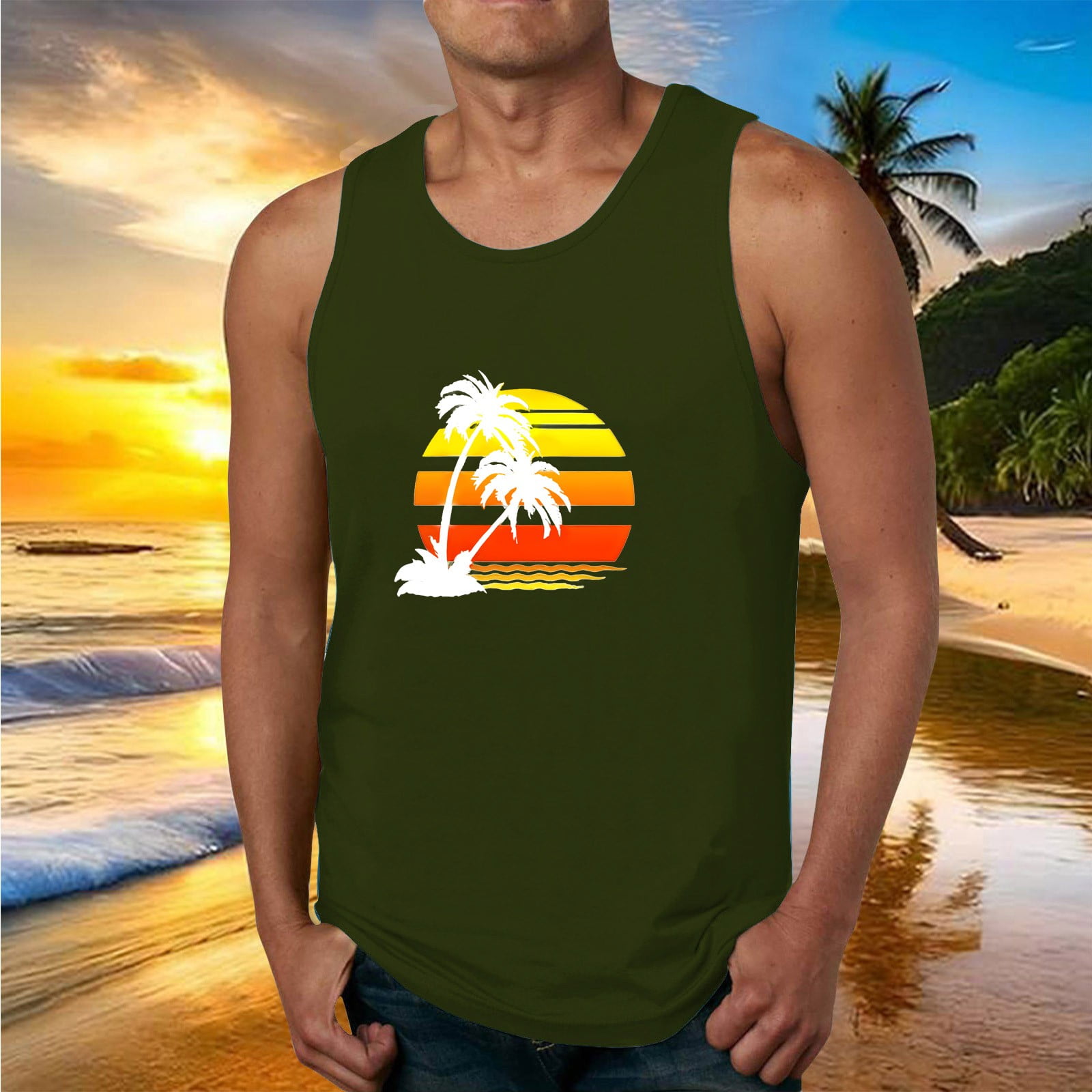 Blczomt Summer Tanks for Men Hawaiian Sleeveless Tank Tops Beach Green ...