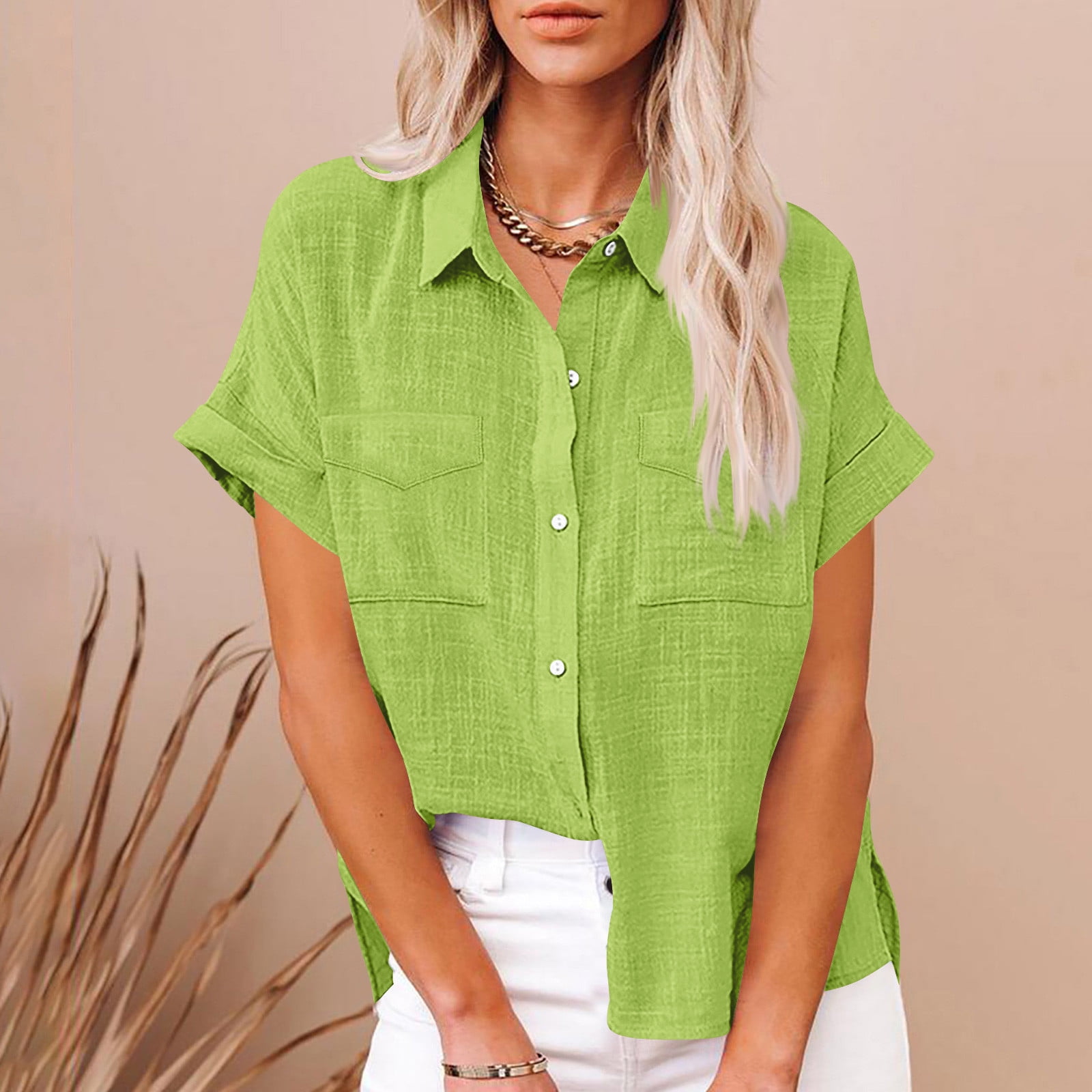 Blczomt Summer Tops Women Green Button Down Short Sleeve Shirt Collared ...