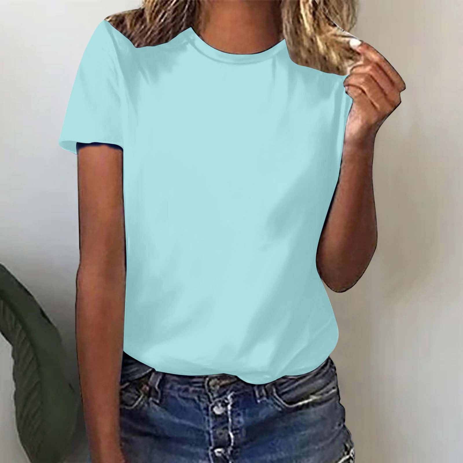 Blczomt Summer Womens Tops Soft Blue Short Sleeve Tee Solid Color Crew Neck Basic Outfits ...