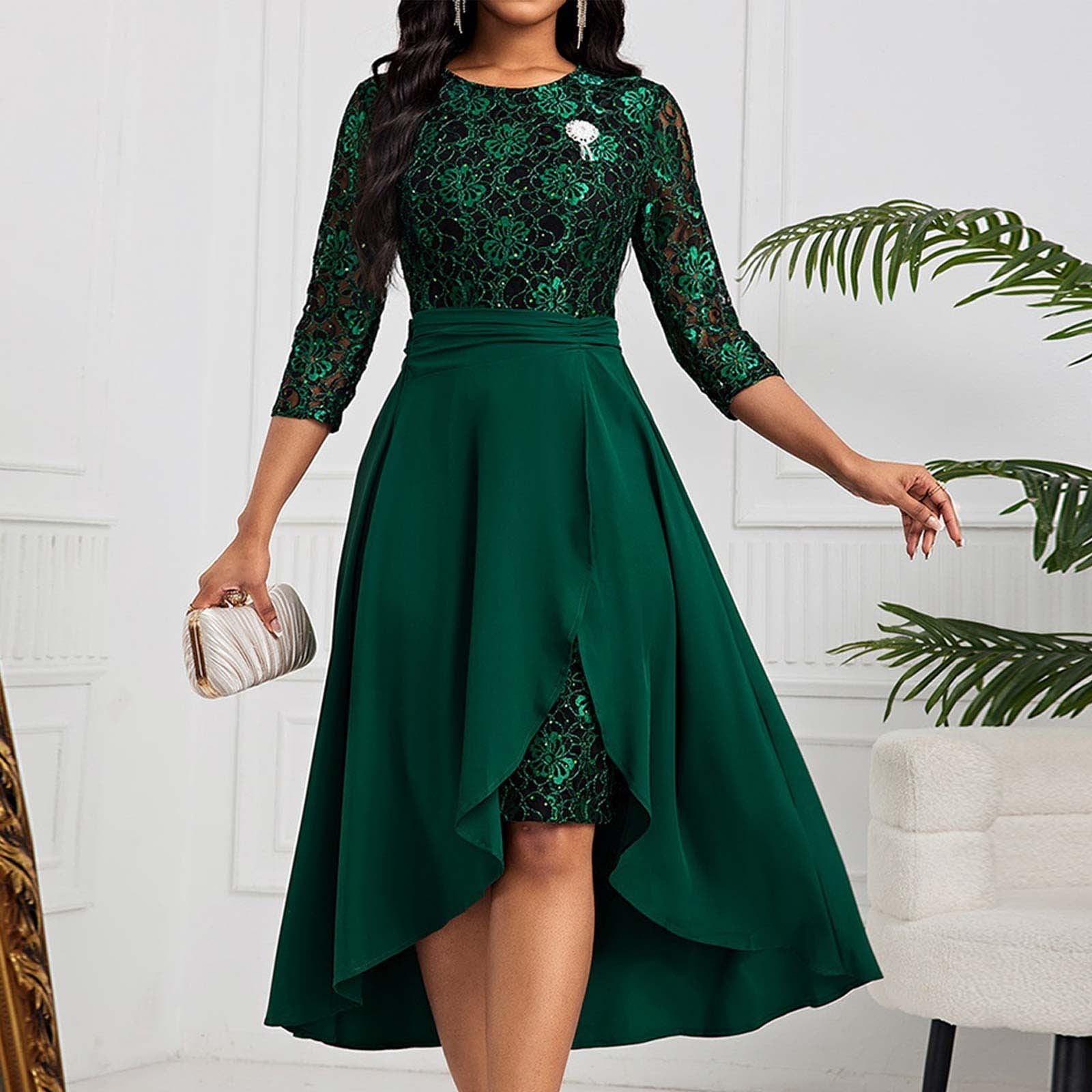 Blczomt Swing Dresses Women Flowy Long Sleeve Lace Green A Line Crew ...