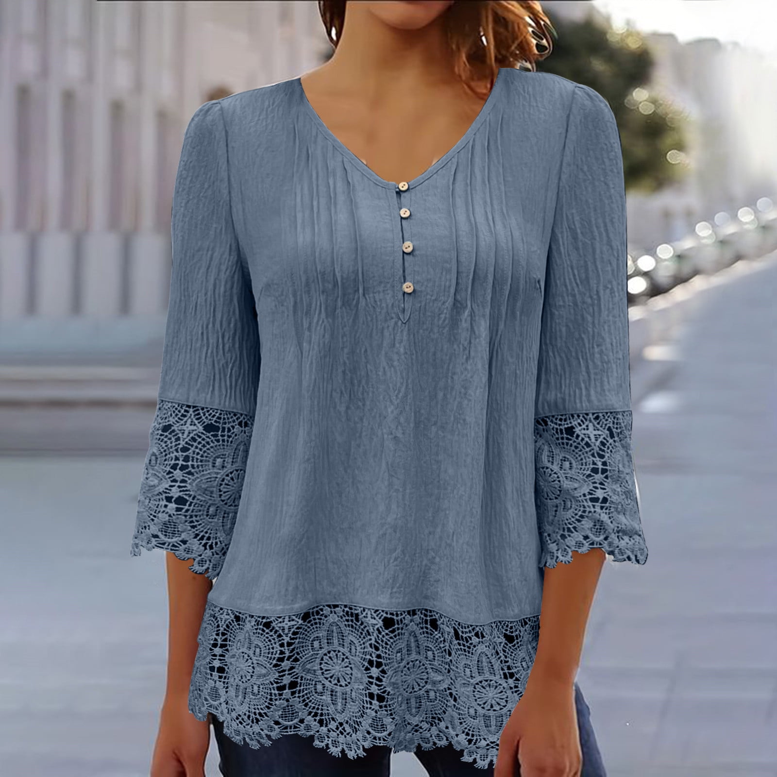 Blczomt Tops Women Lace Dressy 3/4 Length Sleeve Gray Blouses Button V ...