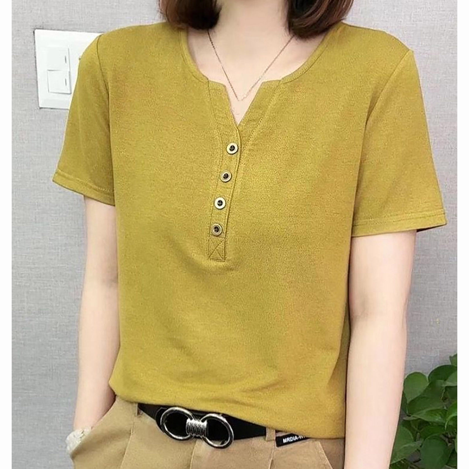Blczomt Tops for Women Trendy Summer Short Sleeve Formal Tees Button ...