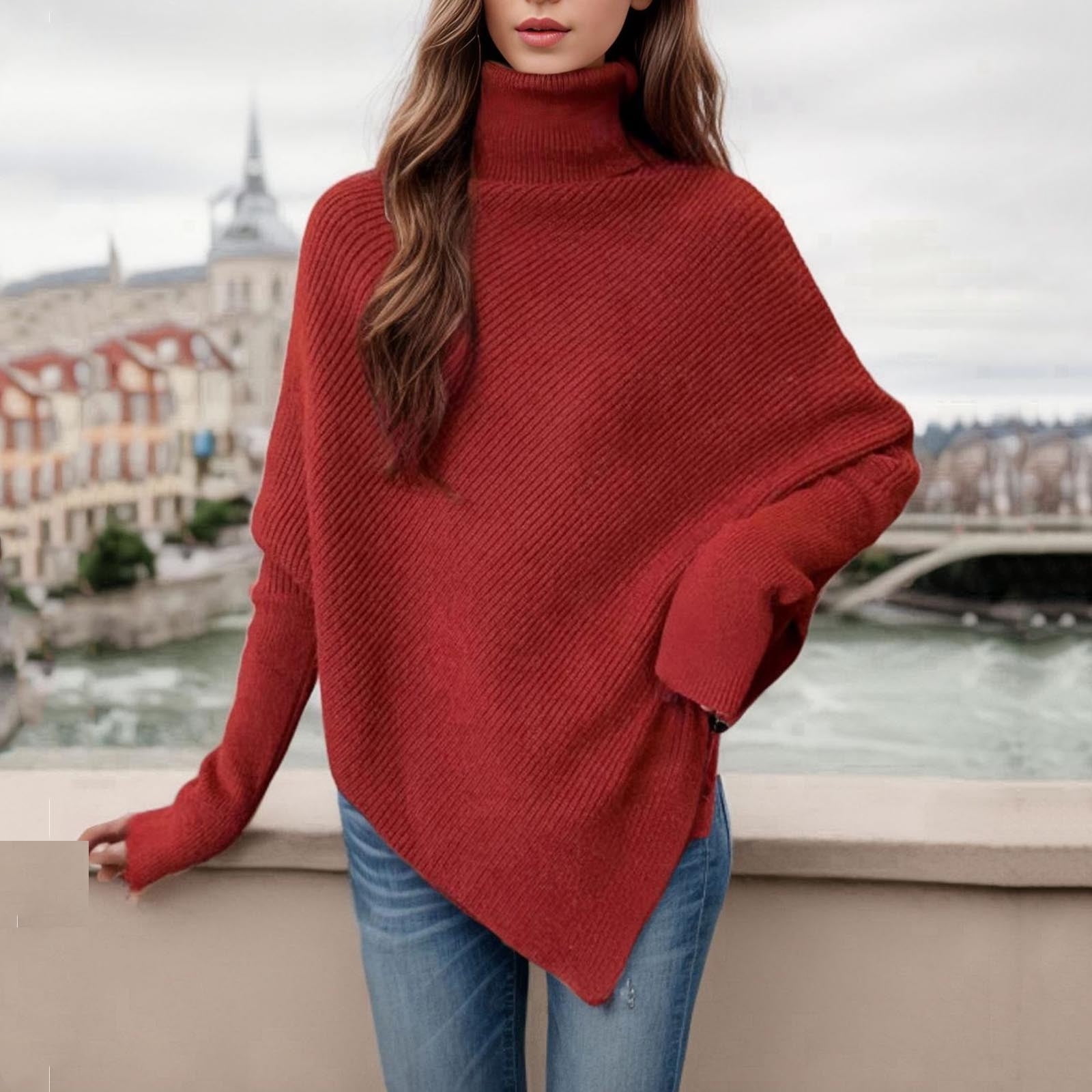 Blczomt Winter Sweater Women Turtleneck Red Long Sleeve Sweaters Soft Loose Plain Cozy Womens