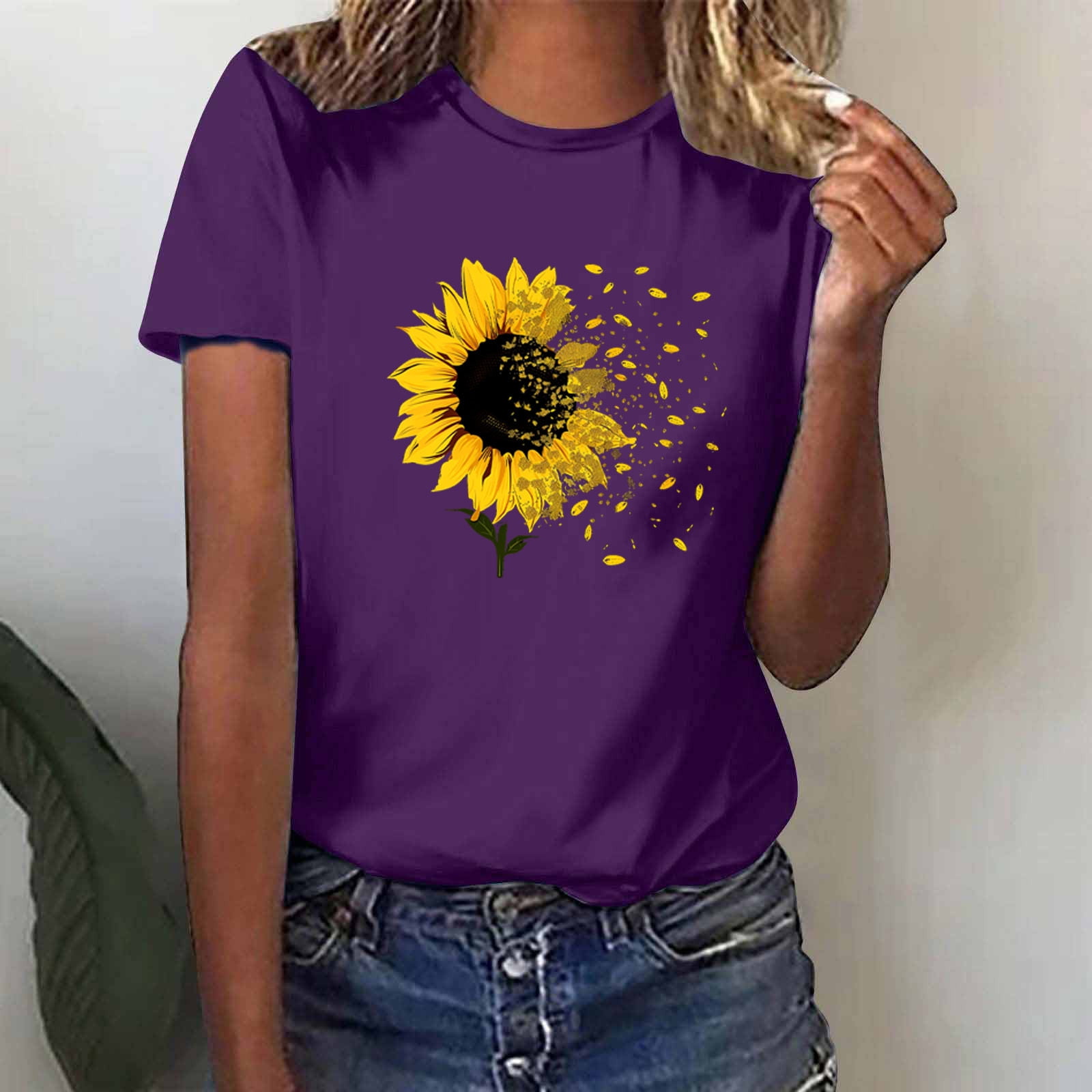 Blczomt Women Tops Soft Summer Short Sleeve Purple Tee Sunflower Print ...