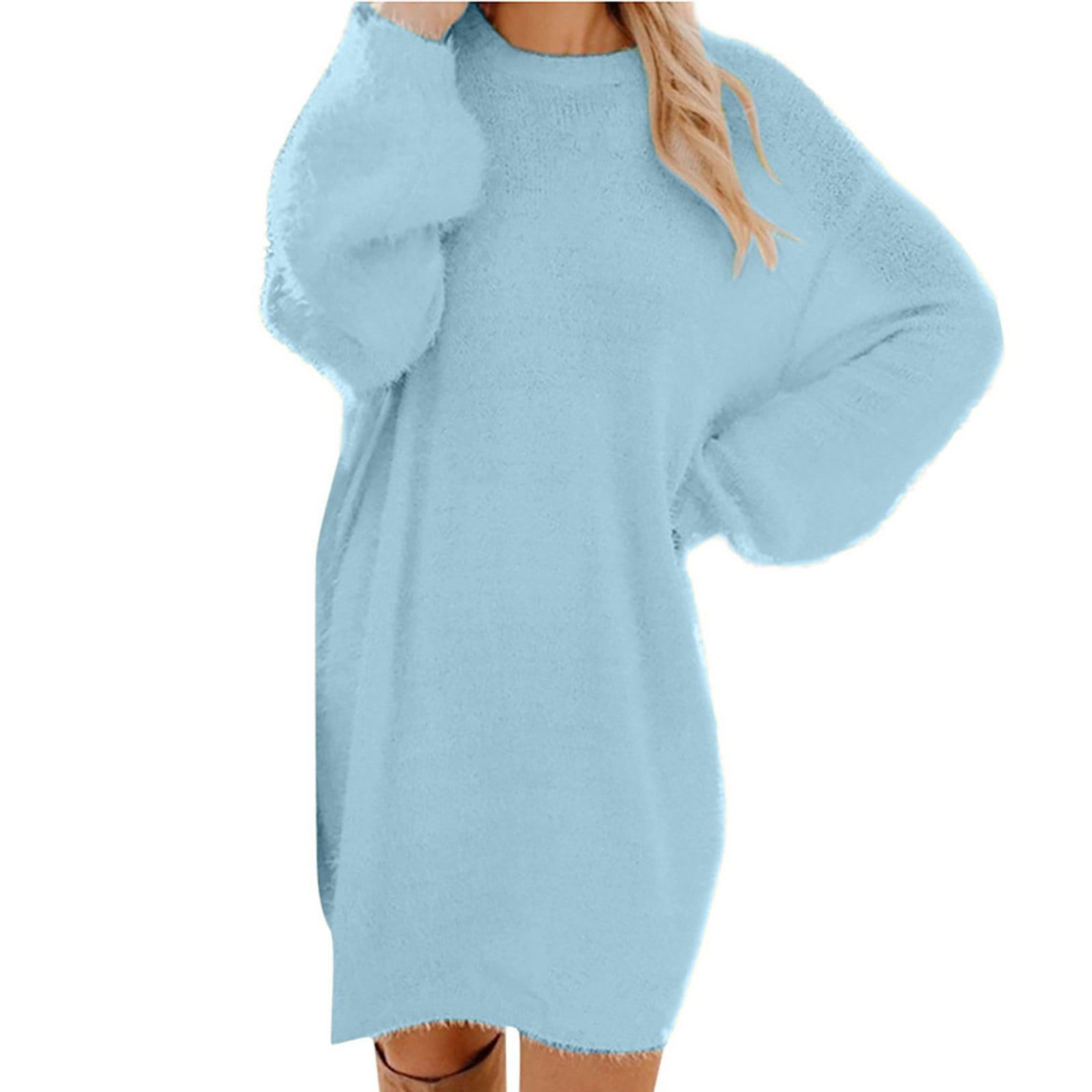 Blczomt Women's Dress Long Sleeve Mini Blue Casual Dress Plain Fuzzy ...