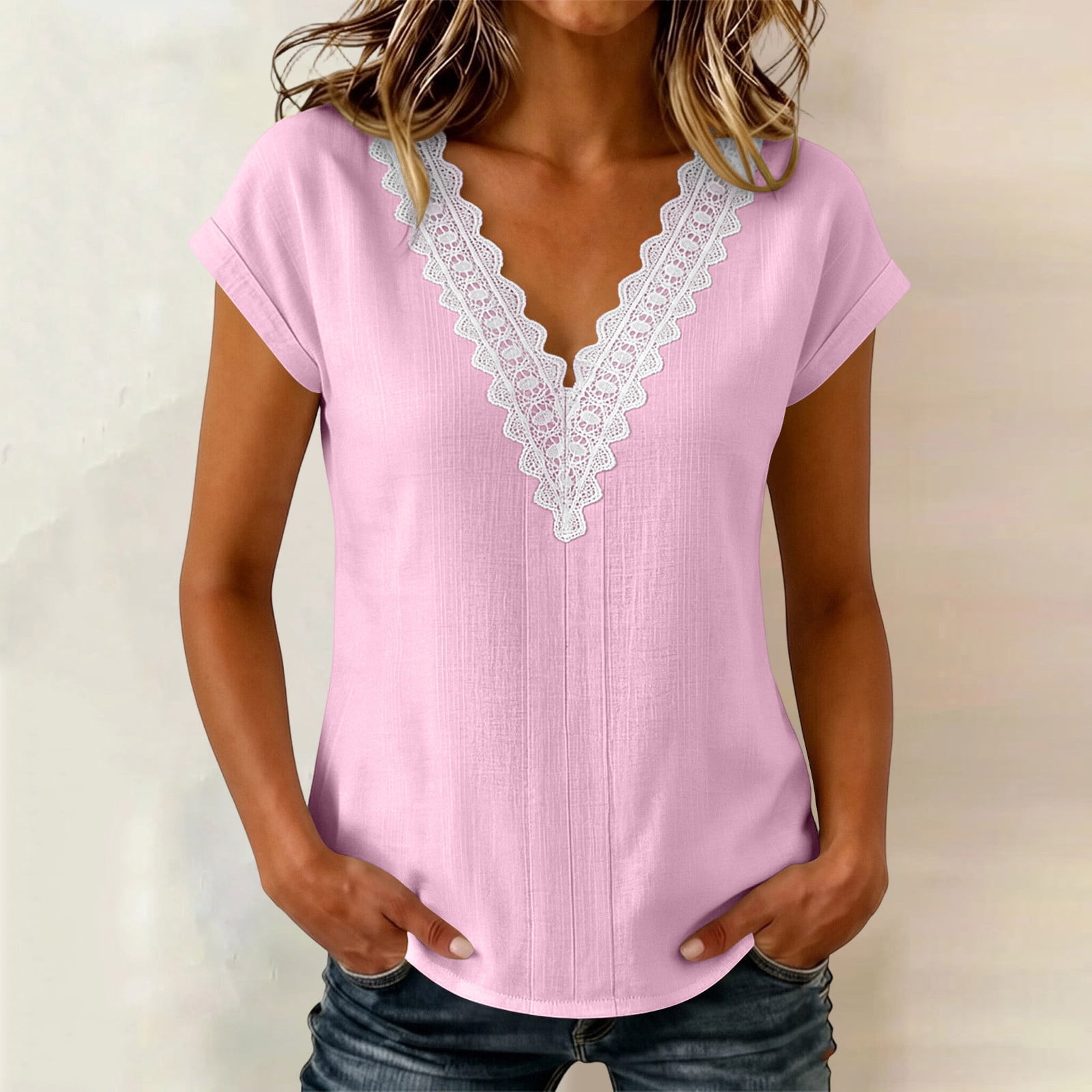Blczomt Womens Short Sleeve Tops Pink Y2K Tunic Blouse Short Sleeve ...