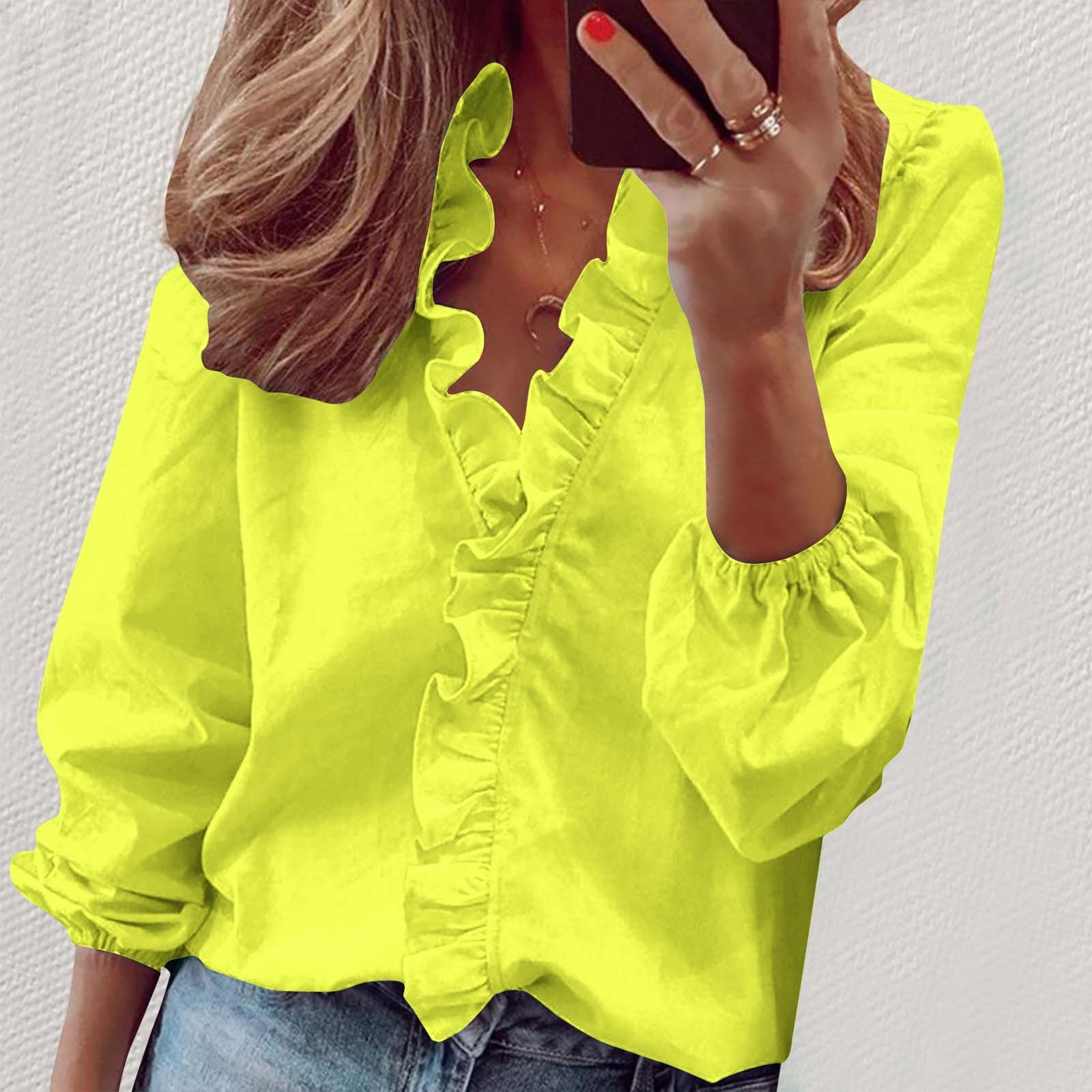 Blczomt Yellow Tops for Women 2025 Ruffle V Neck Dressy Casual Tops ...