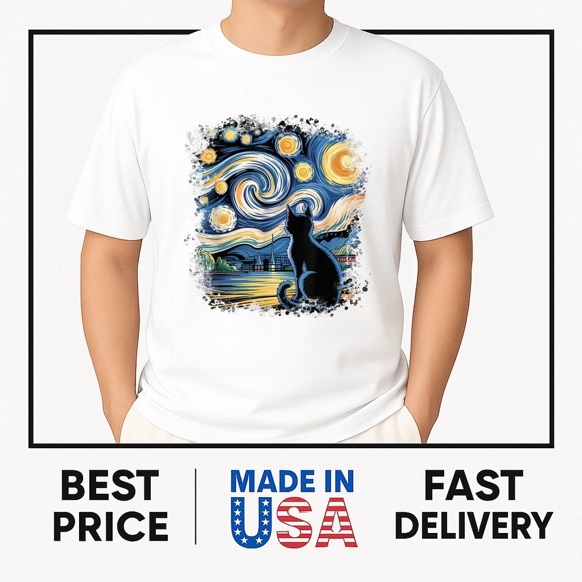 Bleached Black Cat Starry Night Van Gogh Cat Art T-Shirt MUST-HAVE ...