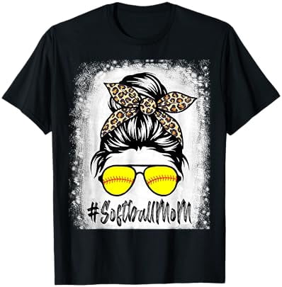 Bleached Softball Mom Life T-Shirt with Leopard Print and Messy Bun ...