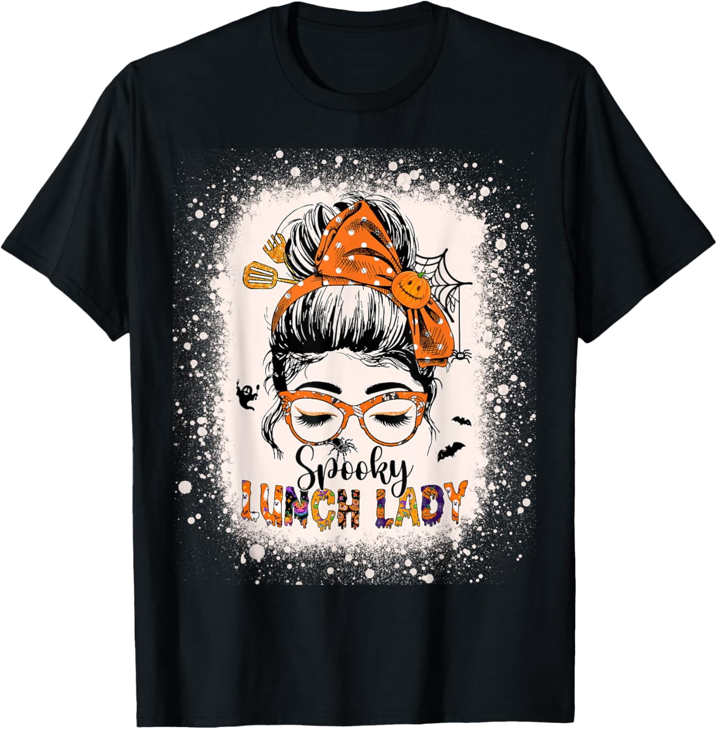 Bleached Spooky Lunch Lady Messy Bun Halloween Lunch Lady T-Shirt ...