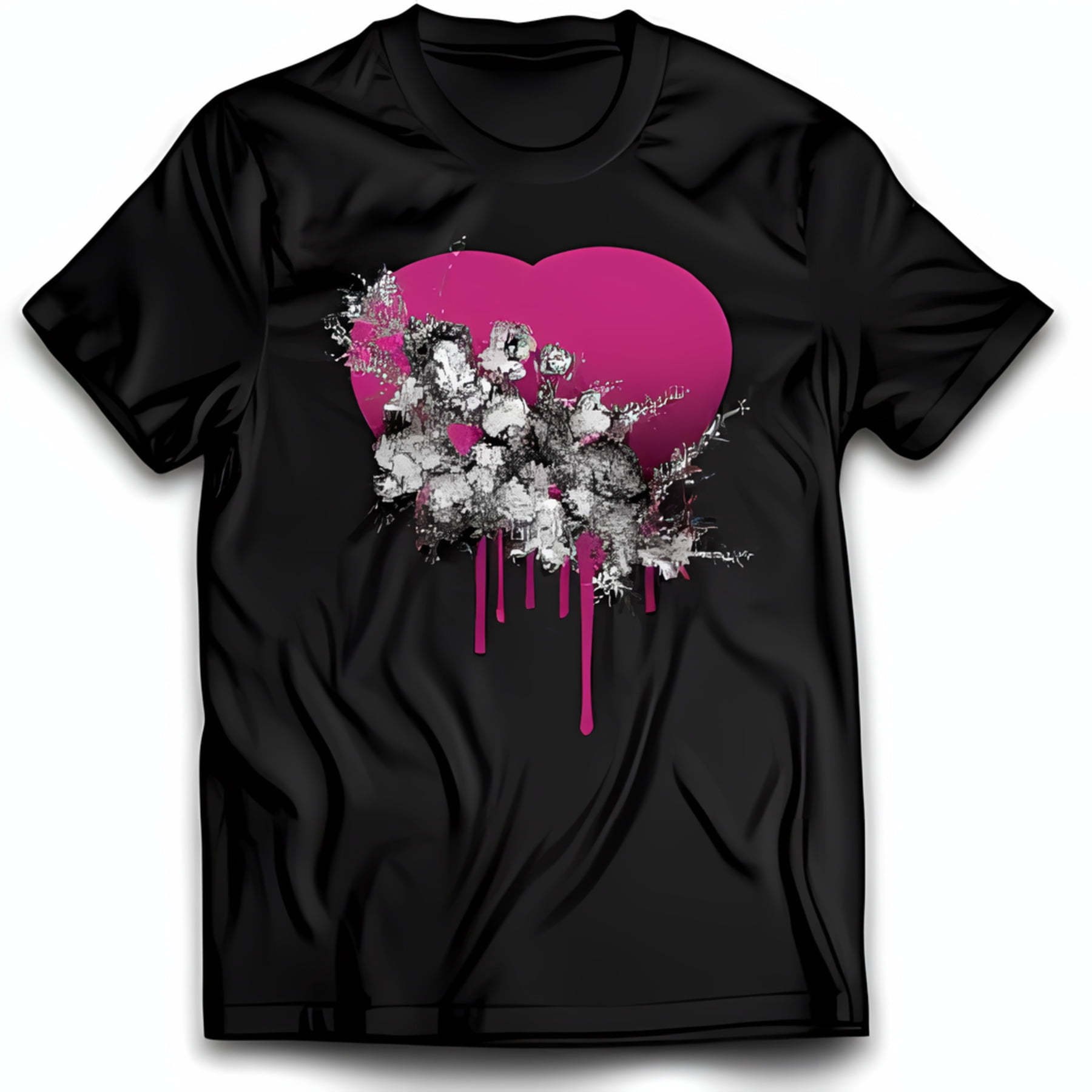 Bleeding Heart Black T-Shirt with Silver Floral Design Emotional Art ...