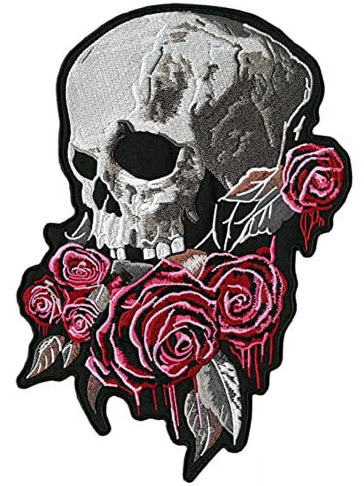 Bleeding Roses Skull Patch | 3D Skeleton | Embroidered Iron On | Large ...