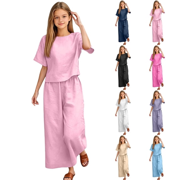 Blekii Kids 2 Piece Outfits Summer Cotton Linen Casual Matching Sets ...