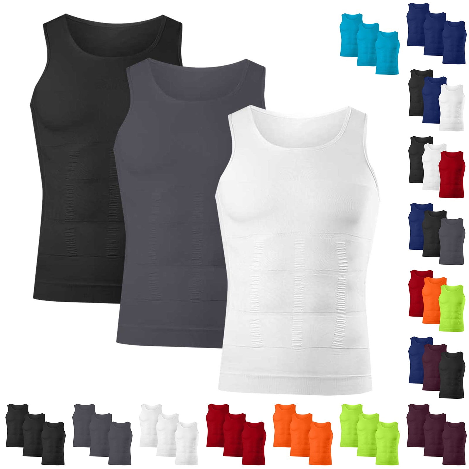 Blekii Men's 3-Pack Compression Slimming Tank Top Workout Vest - Solid ...