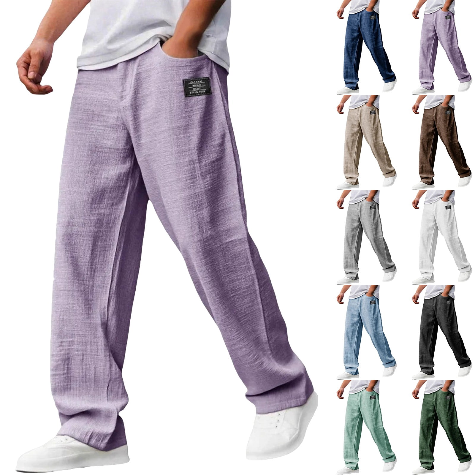 Blekii Men's Casual Cotton Linen Pants, Embroidered Logo Elastic Waist ...