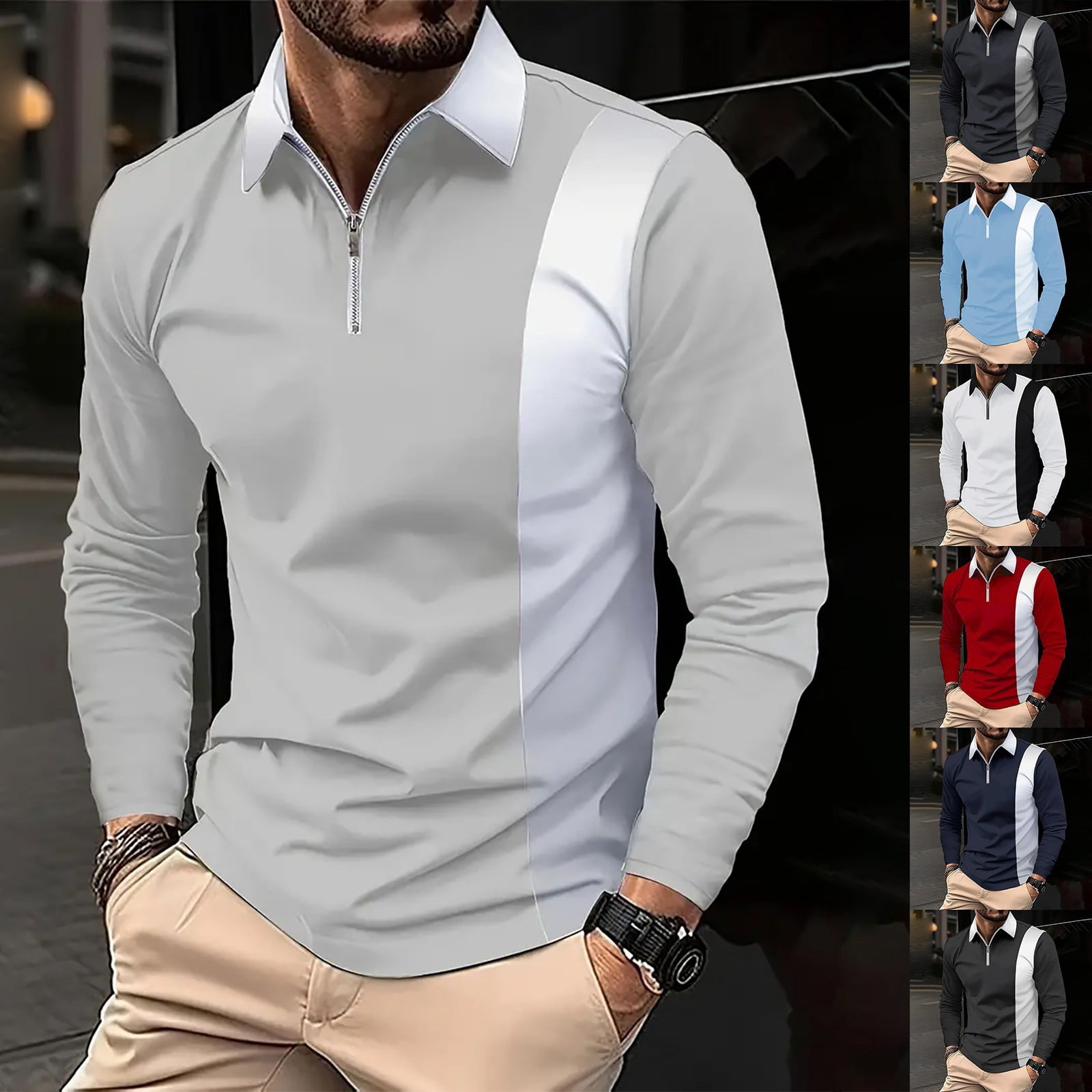 Blekii Men's Casual Fashion Color Block Loose Lapel Long Sleeve T-Shirt ...
