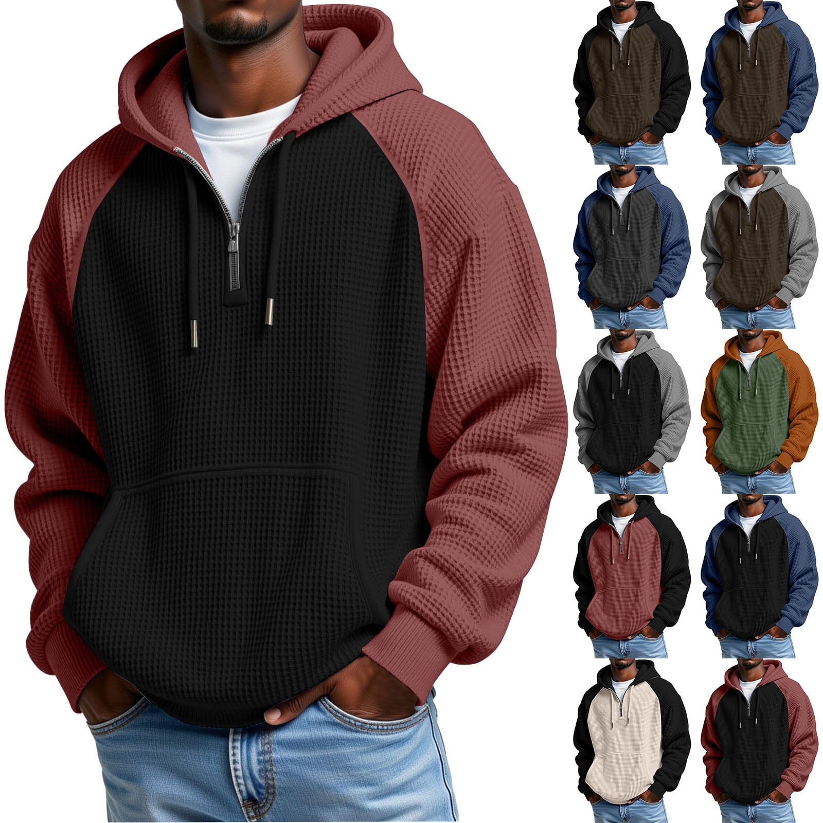 Blekii Men's Color Block Button Hoodie, Half Zip Long Sleeve Sweatshirt ...